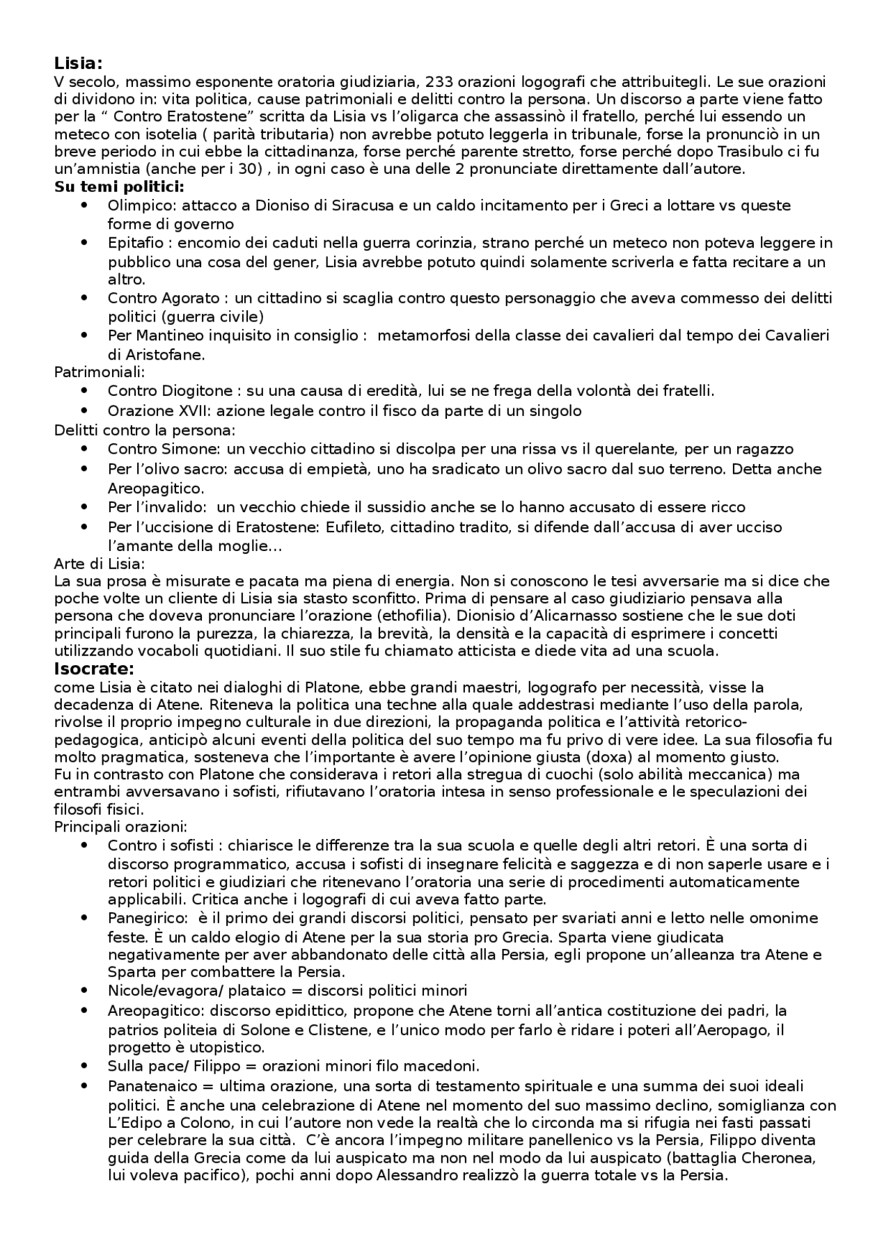 Appunti di letteratura greca su Lisia, Isocrate e Demostene - Docsity