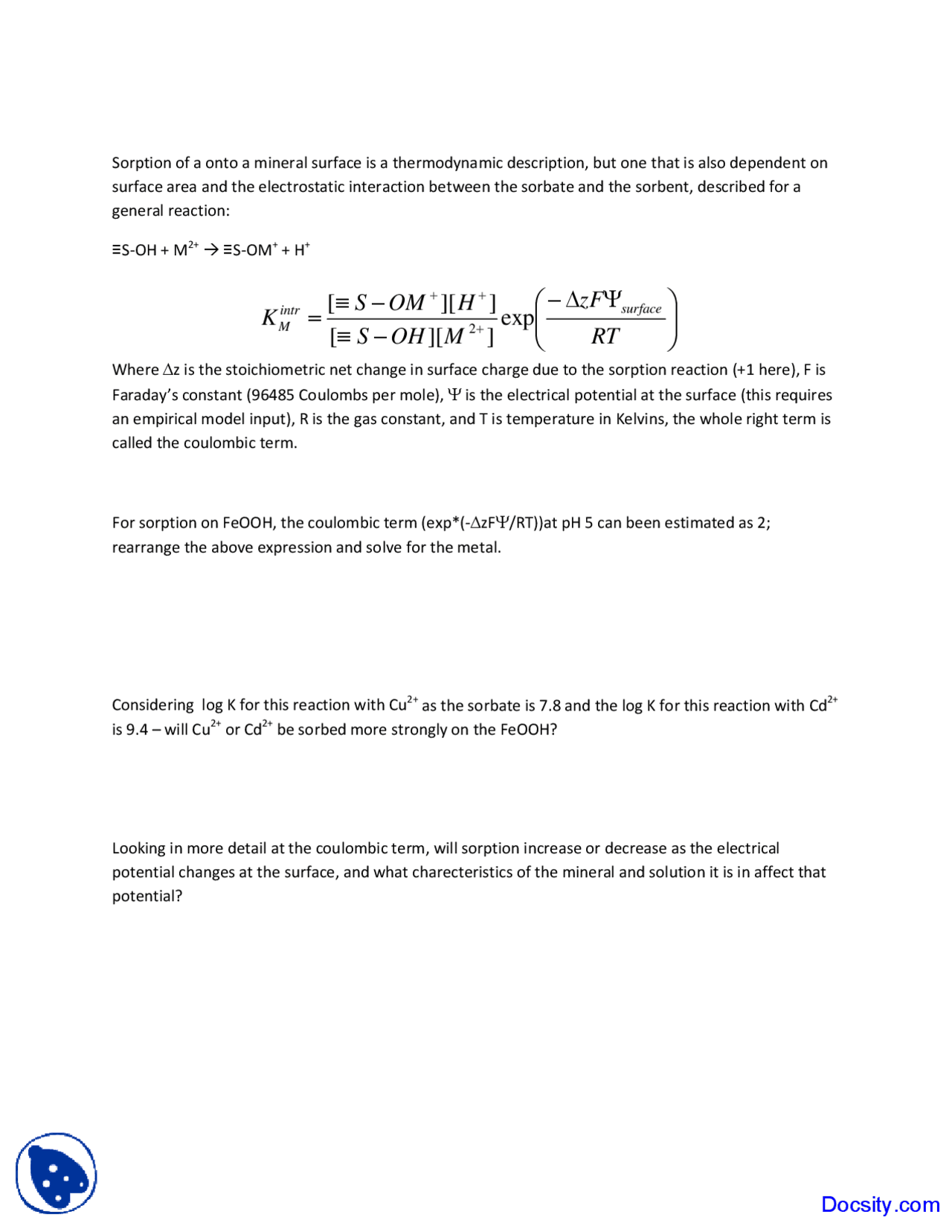 Mineral Surface Geochemistry Home Work Docsity