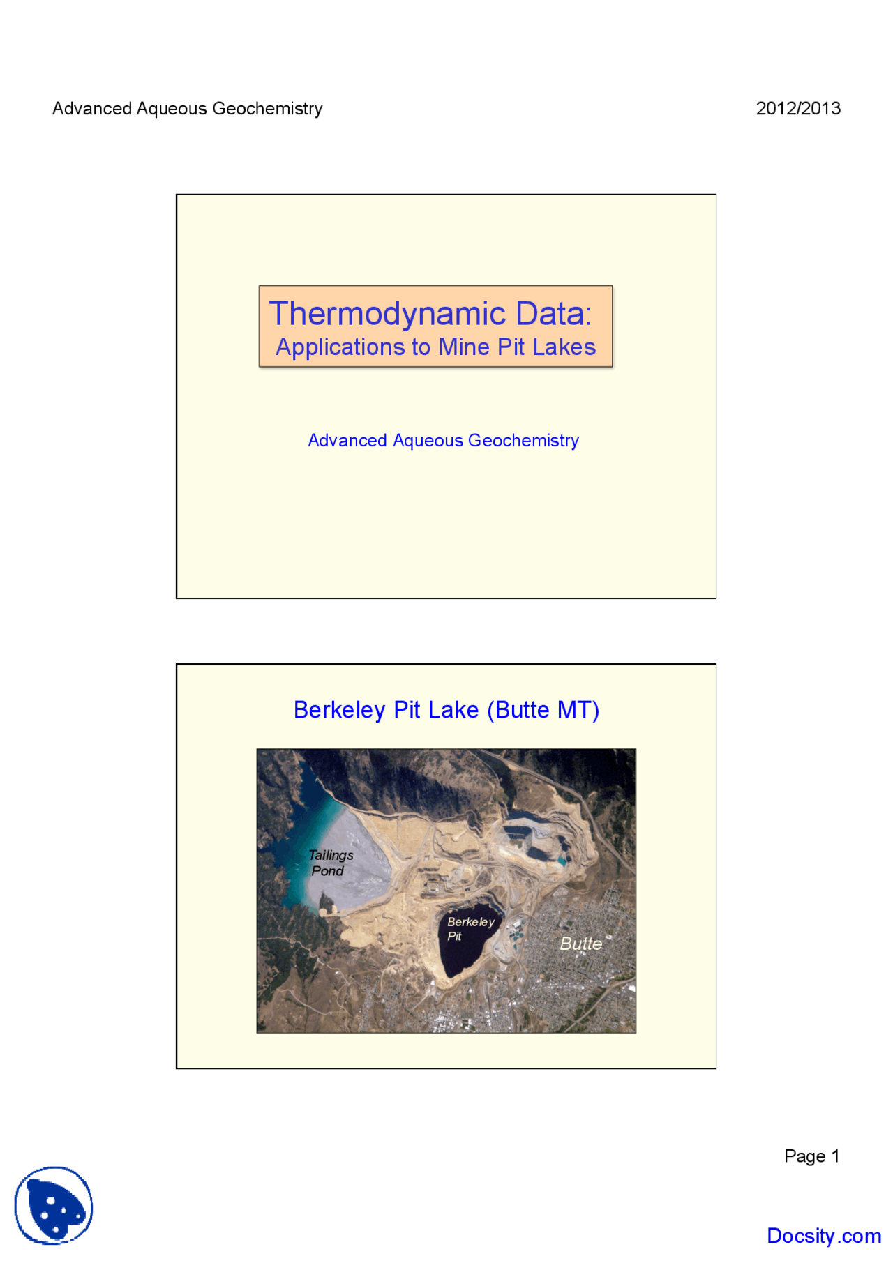 Thermodynamic Data Geochemistry Lecture Slides Docsity