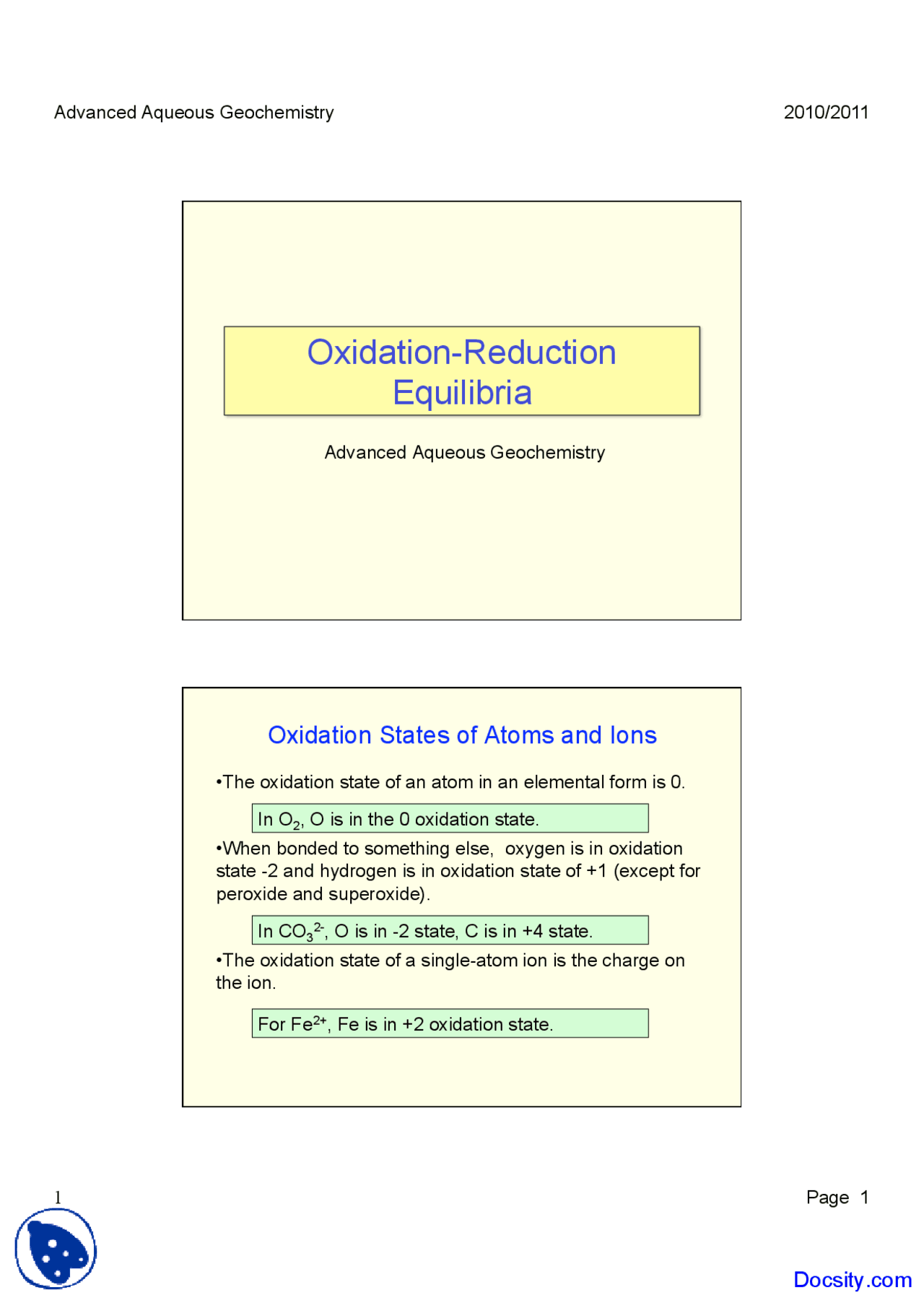 Oxidation Reduction Geochemistry Lecture Slides Docsity