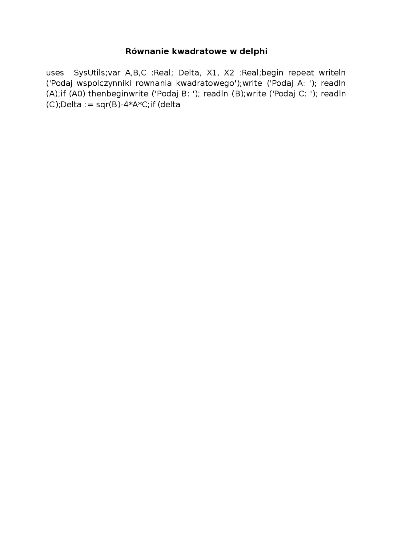 Równanie Kwadratowe W Delphi Notatki Programowanie Docsity