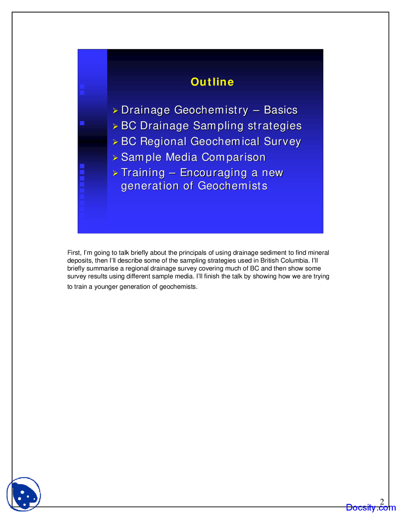 Drainage Geochemistry Geochemistry Lecture Slides Slides