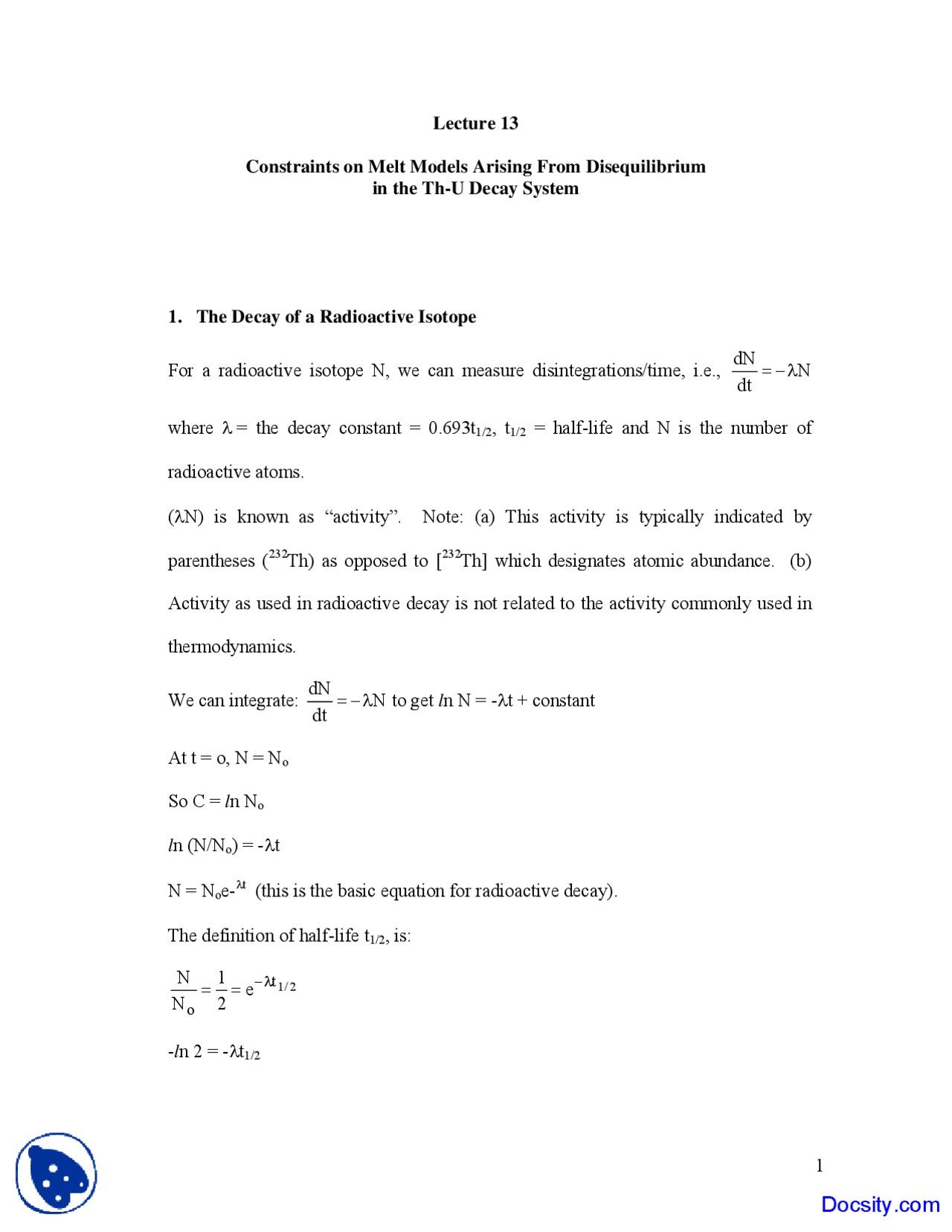 Radioactive Isotope Geochemistry Lecture Notes Docsity