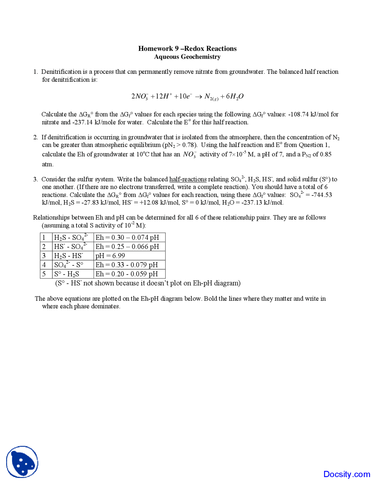 Denitrification Geochemistry Home Work Docsity