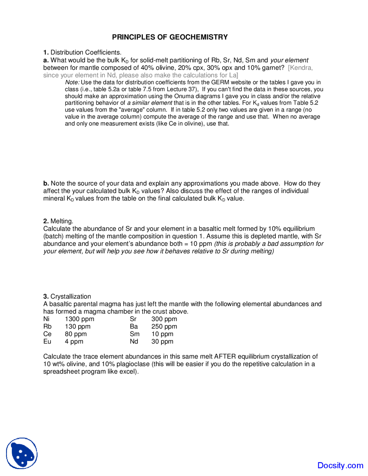 Distribution Coefficients Geochemistry Home Work Docsity