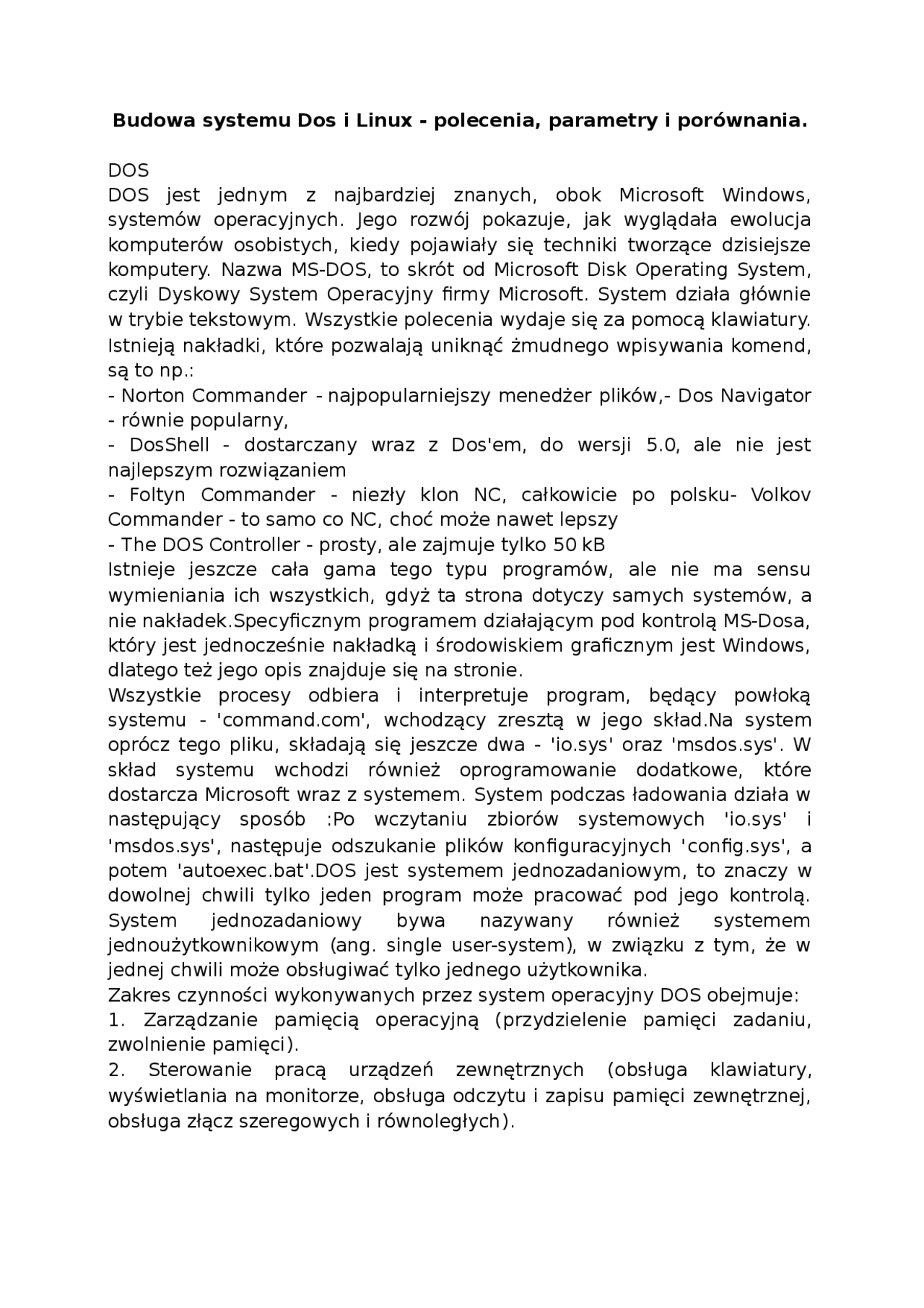 Budowa Systemu Dos I Linux Notatki Systemy I Sieci Docsity