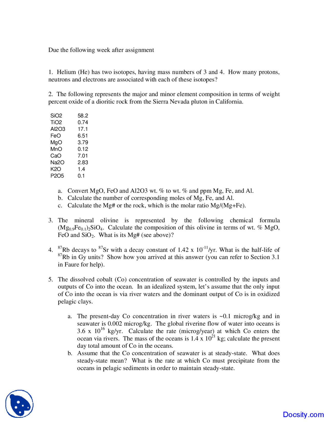 Helium Geochemistry Home Work Docsity