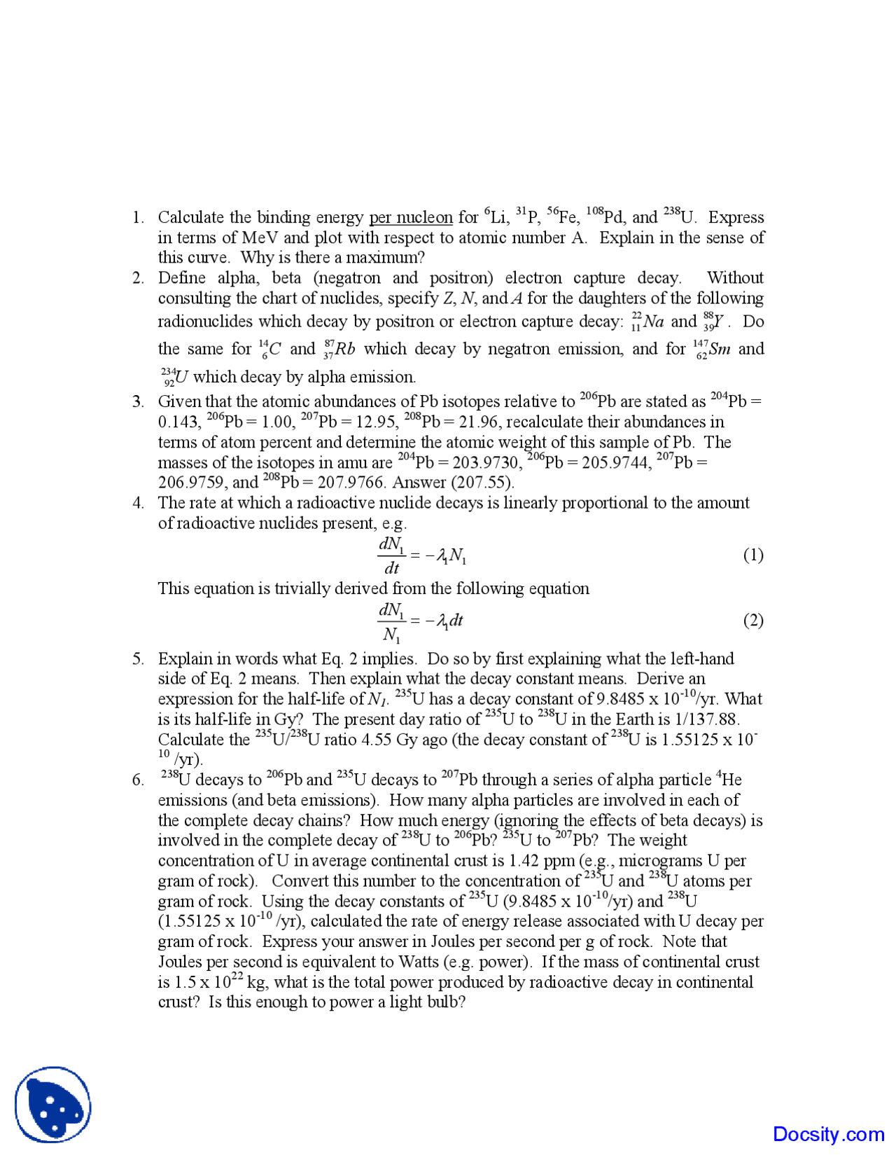 Binding Geochemistry Home Work Docsity