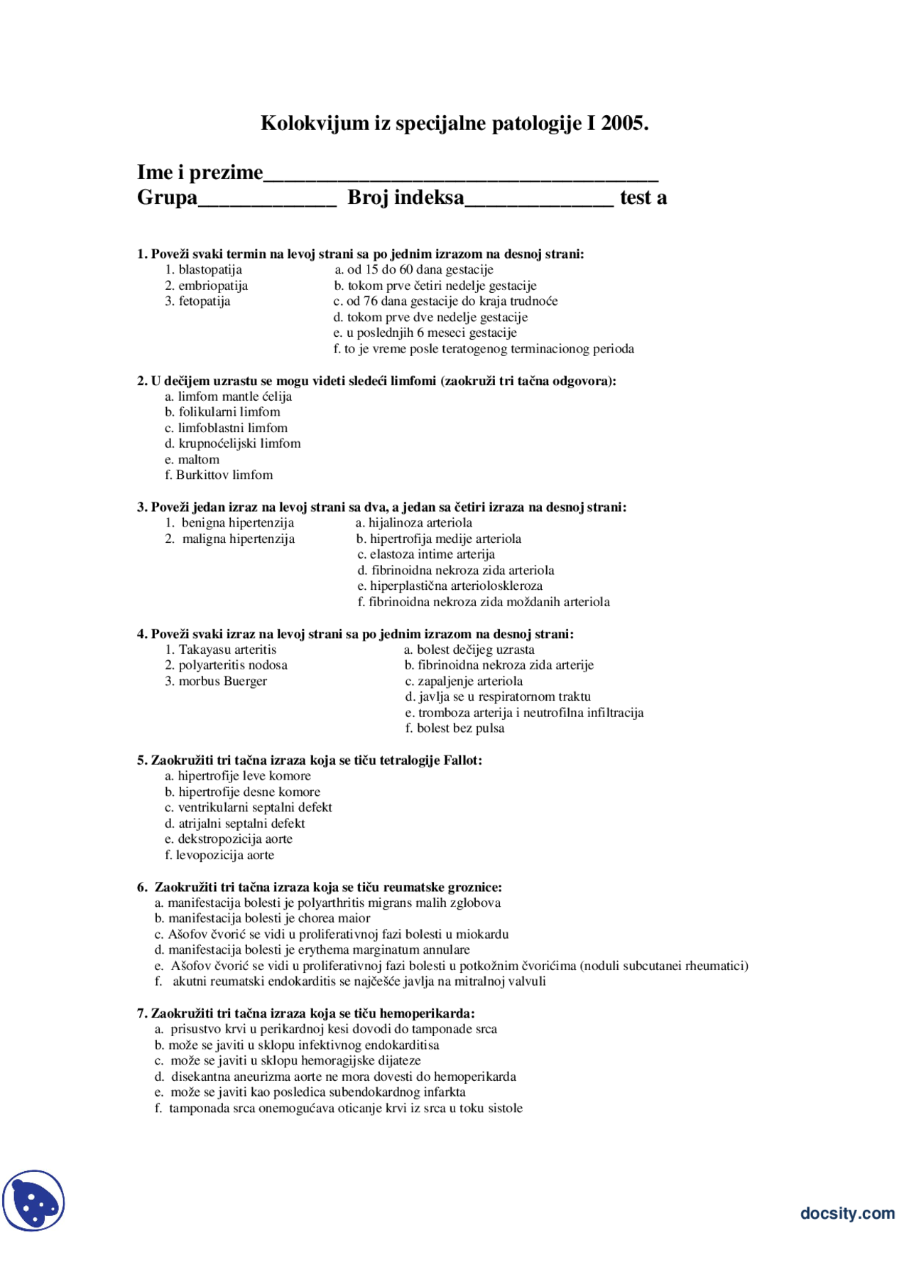 Kolokvijum-Ispit-Patologija-Medicina (3) | Ispiti' predlog Patologija - Docsity