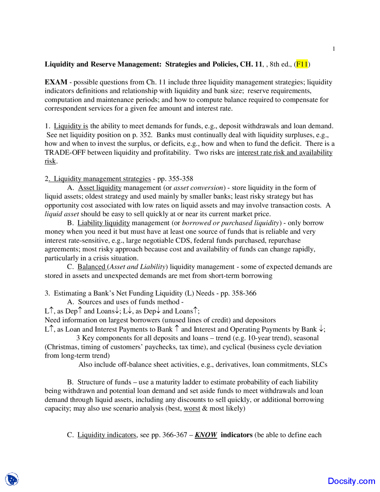 Liquidity And Reserve Management Buisness Management Lecture Notes