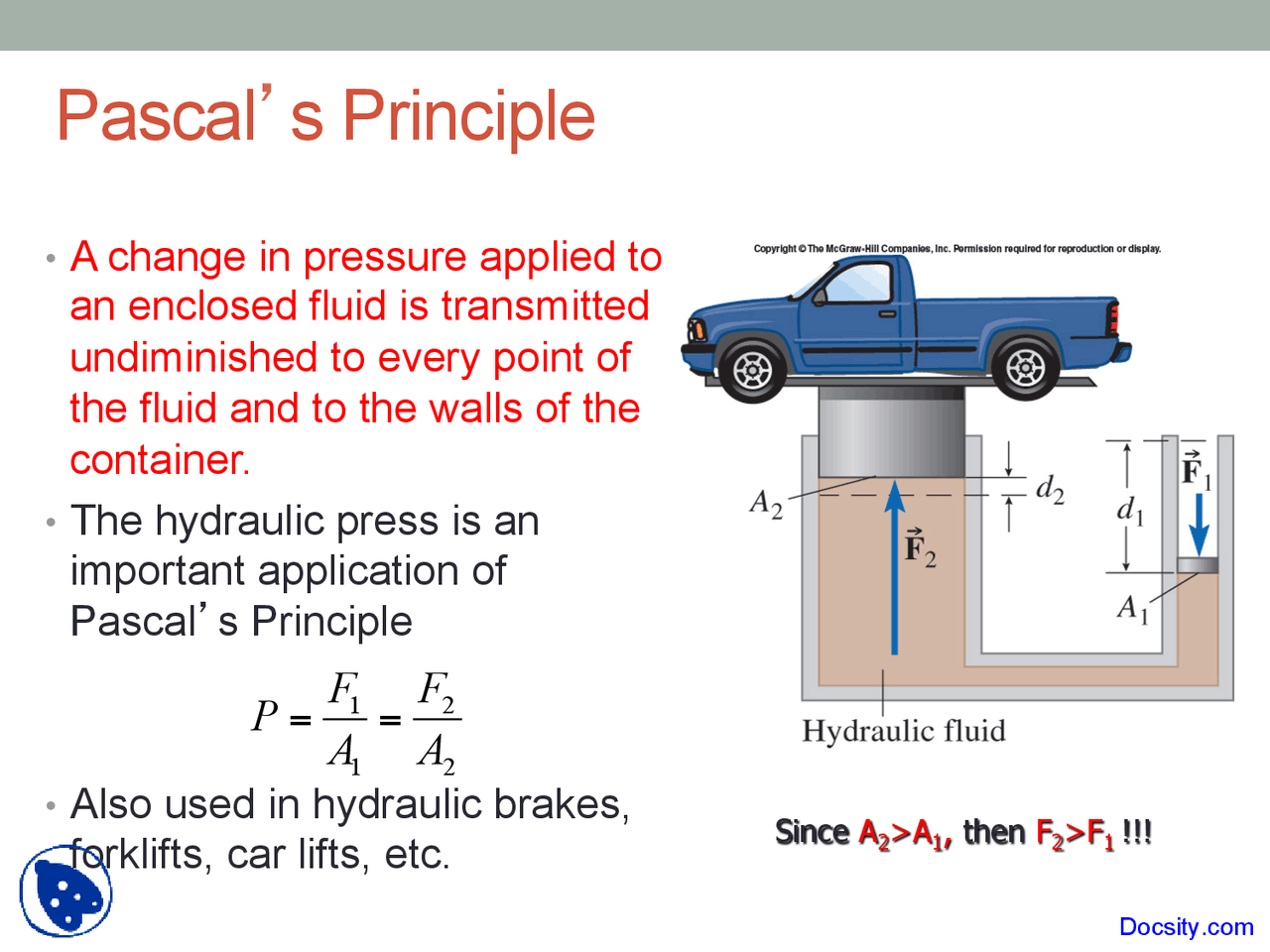 Pascal’s Principle - General Physics I - Lecture Slides - Docsity