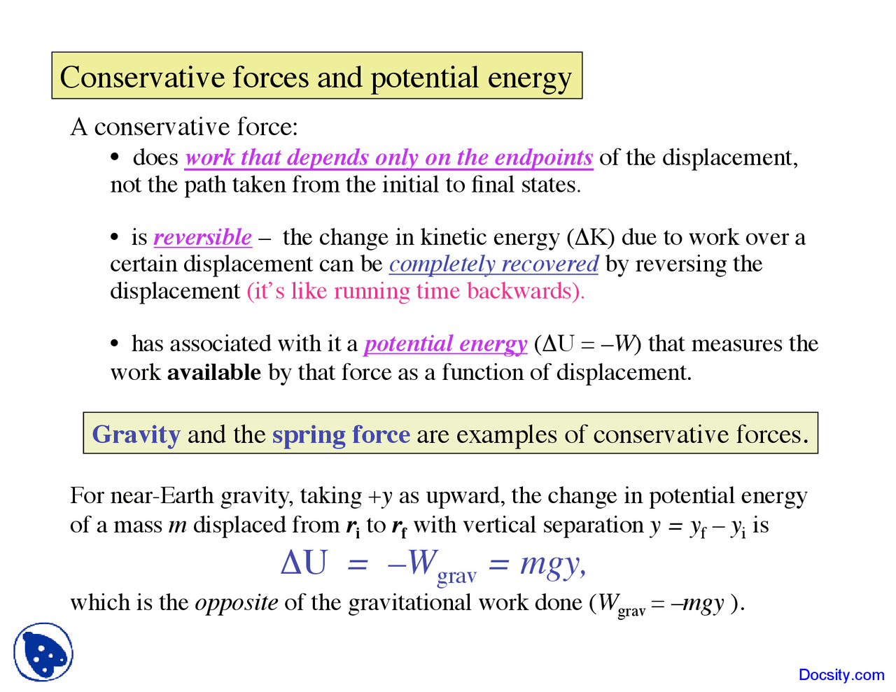 Conservative Forces - General Physics I - Lecture Slides - Docsity