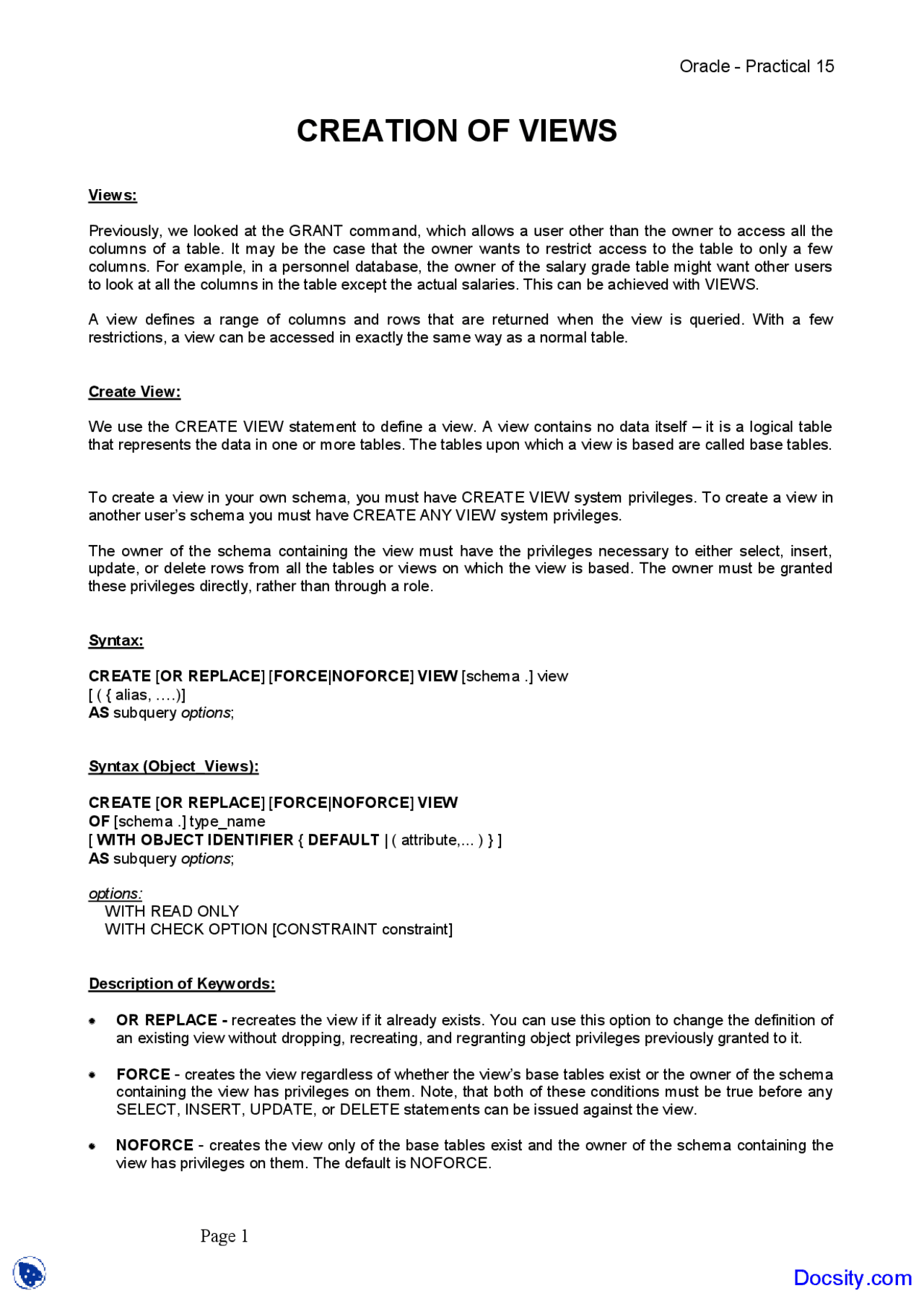 Creation Of Views Buisness Management Lecture Notes Docsity