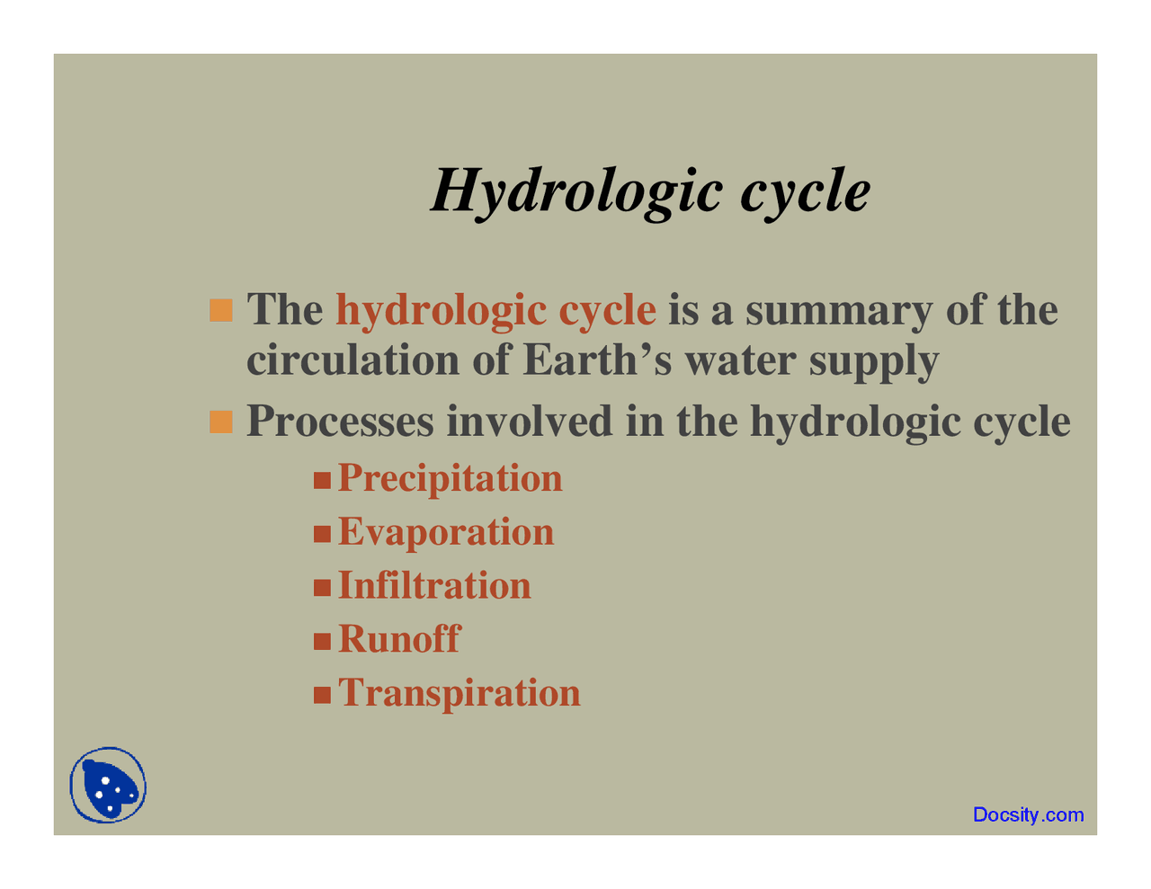 Hydrologic Cycle Human Resource Lecture Slides Docsity