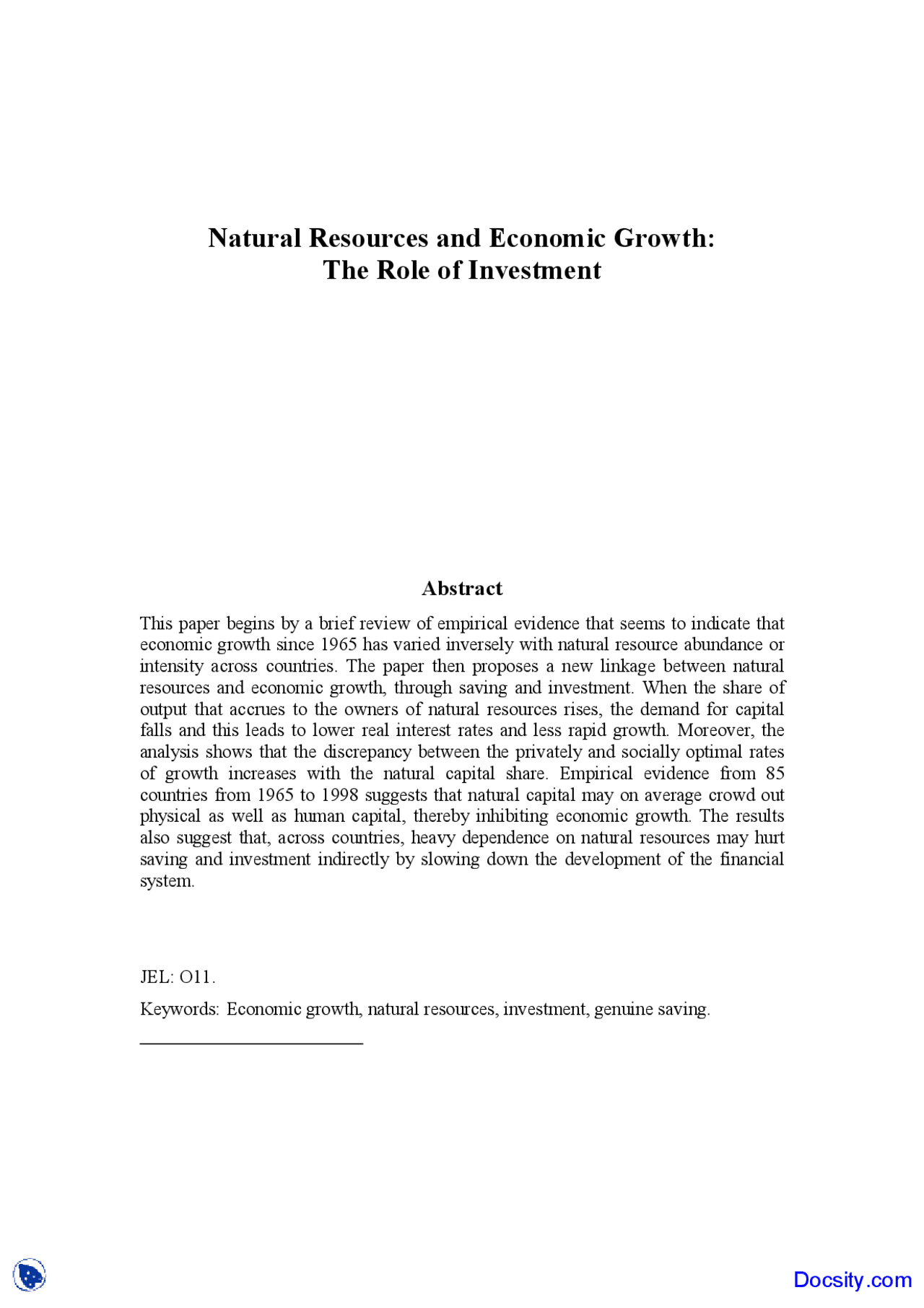 The Role of Investment - Buisness Management - Lecture Notes - Docsity