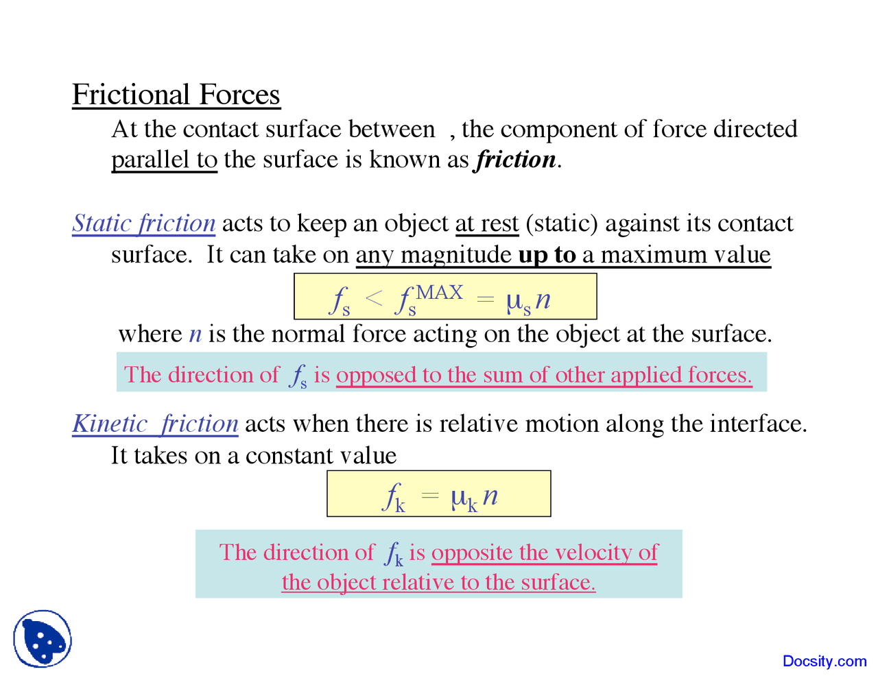 Frictional Forces General Physics I Lecture Slides Docsity