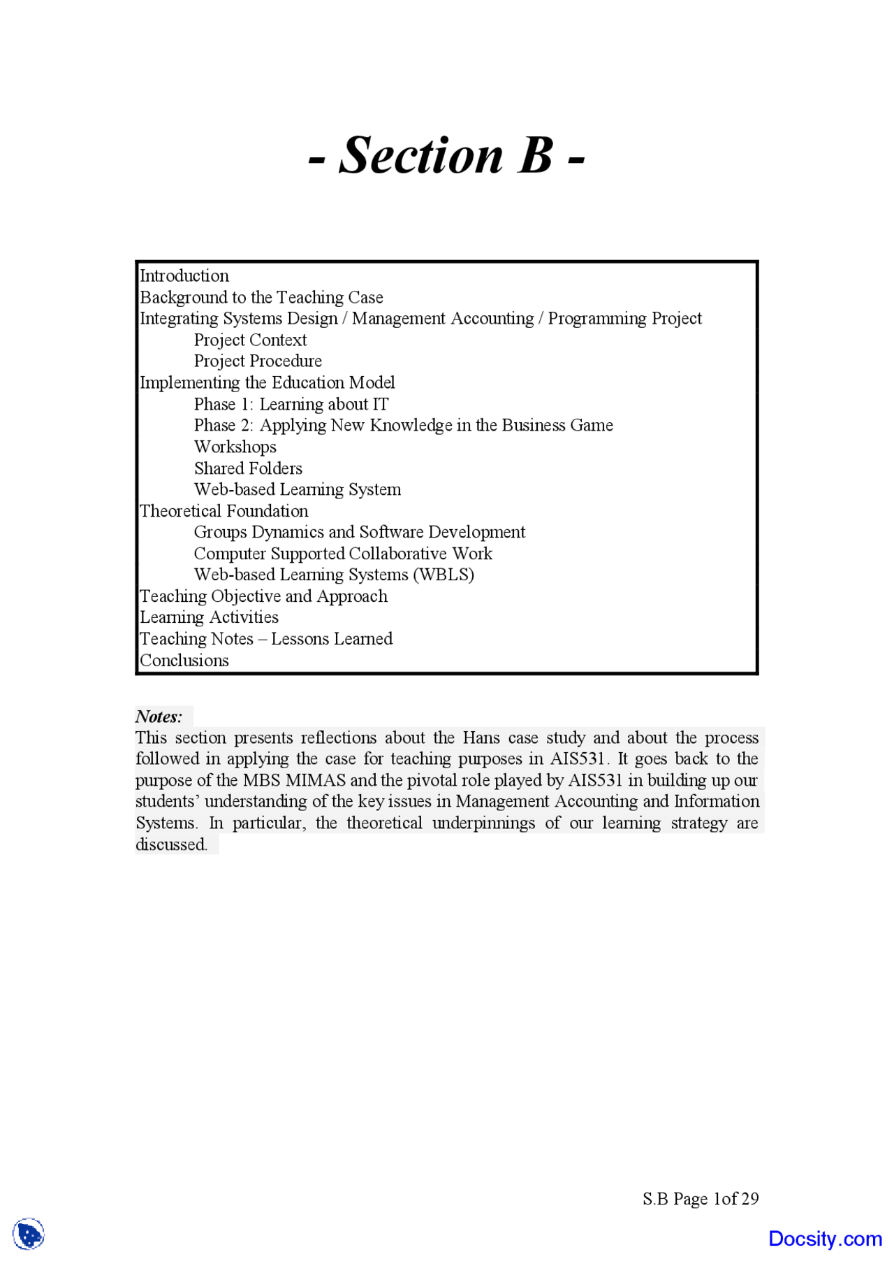 Background To The Teaching Case Buisness Management Lecture Notes