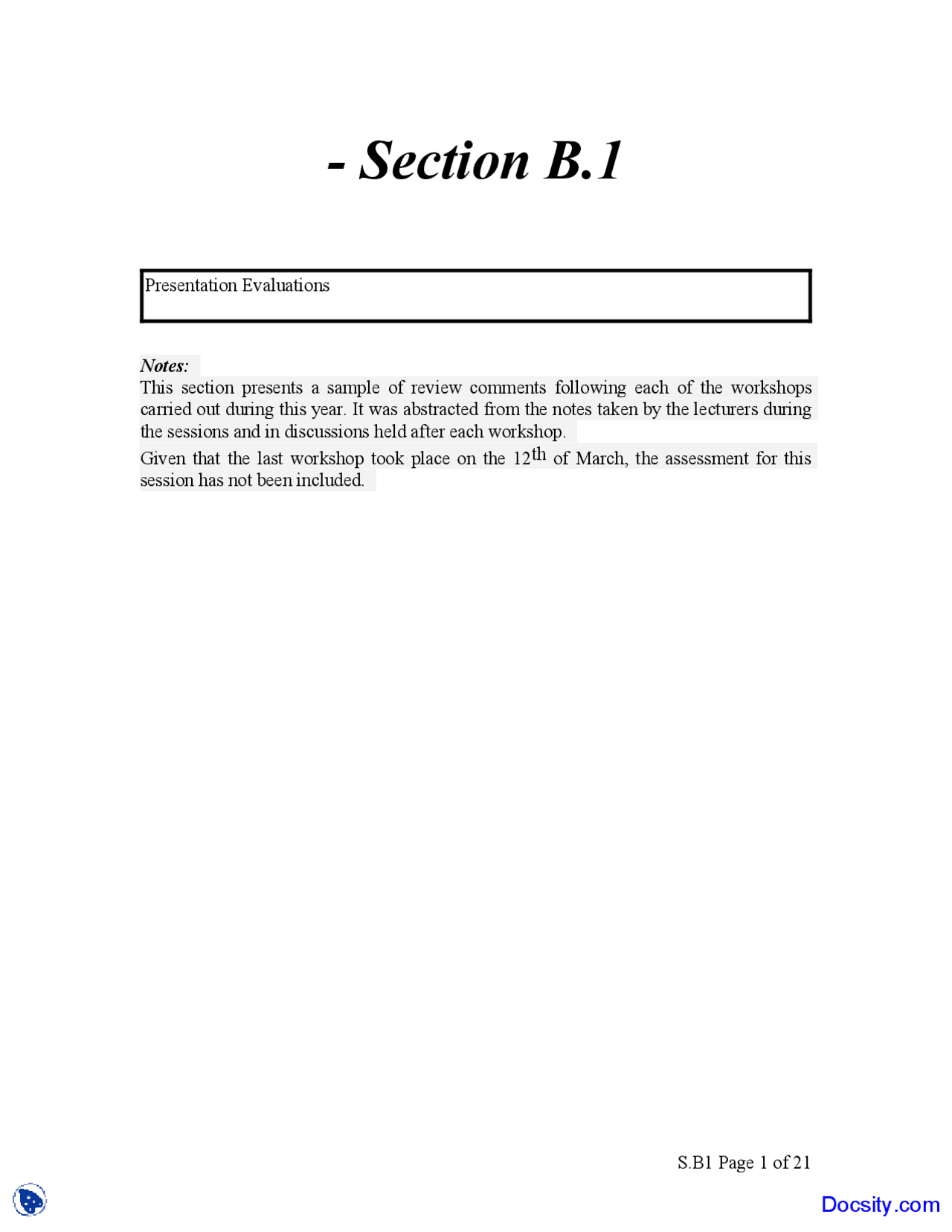Presentation Evaluations Buisness Management Lecture Notes Docsity