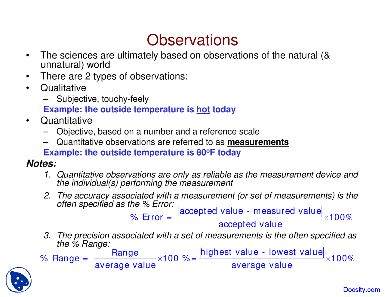 Observations - General Physics I - Lecture Slides - Docsity