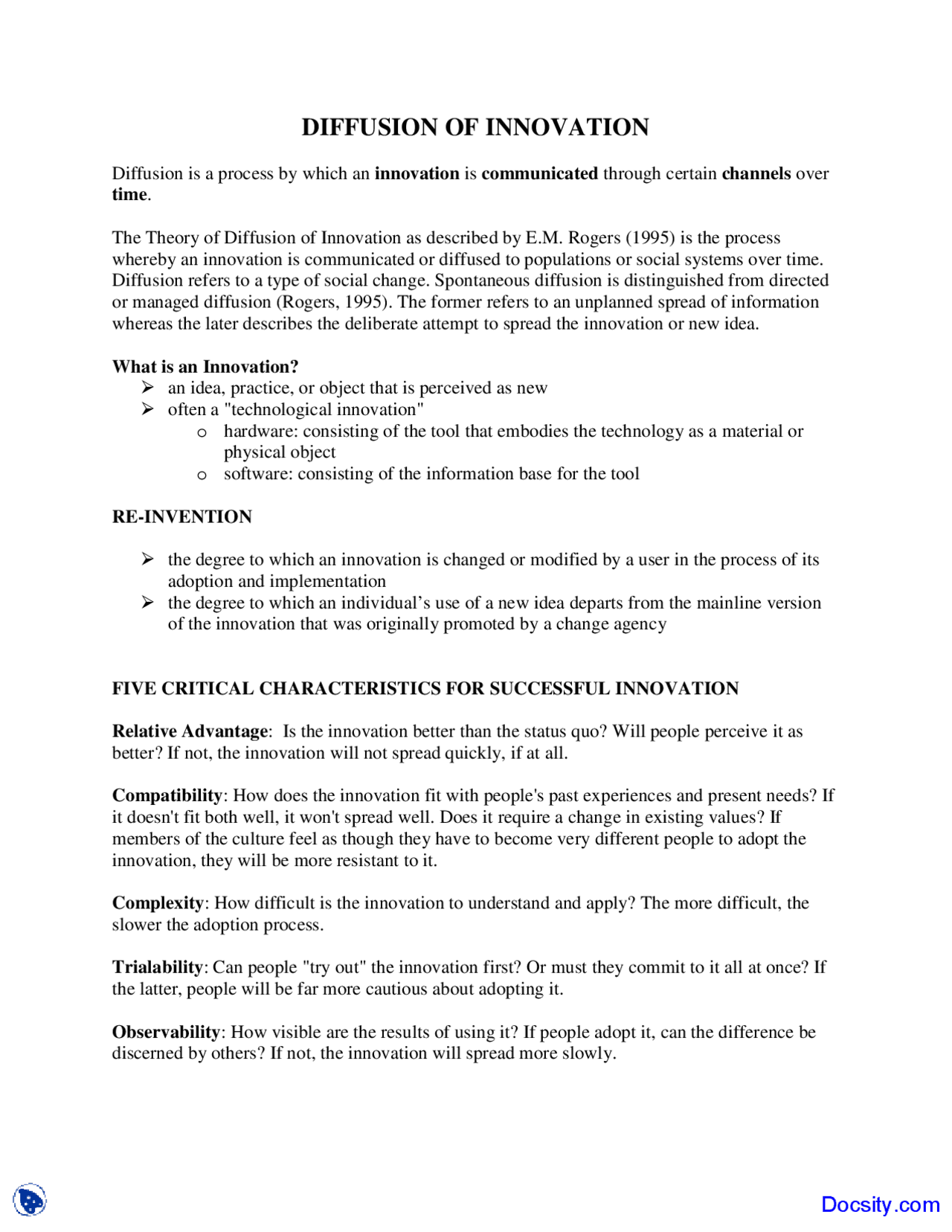 Diffusion Of Innovation Buisness Management Lecture Notes Docsity