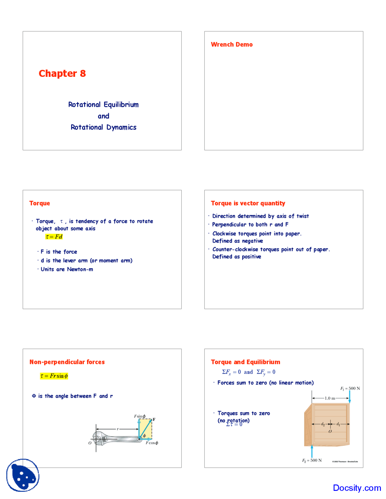 Rotational Equilibrium General Physics I Lecture Slides Docsity