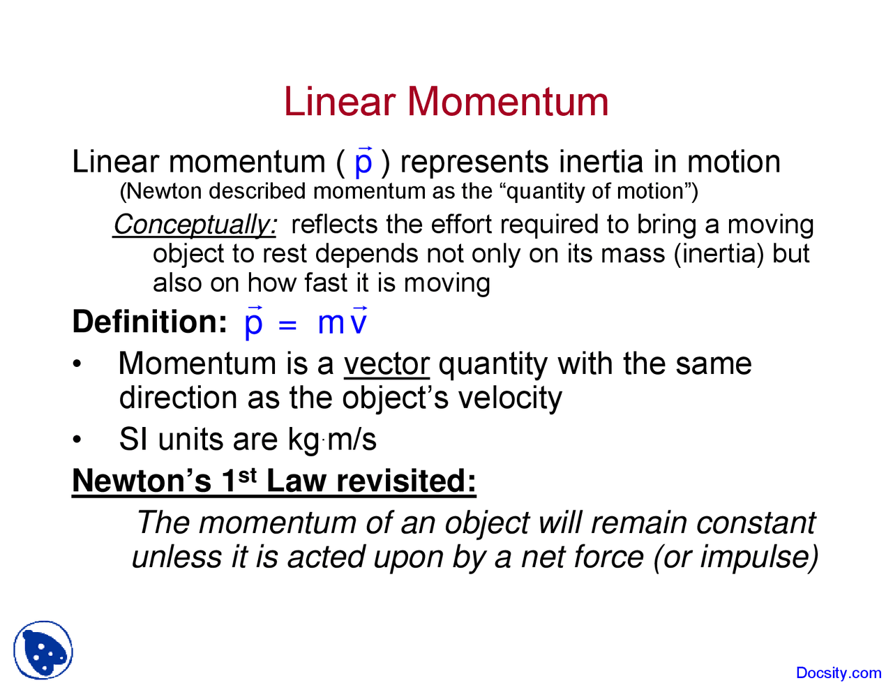 Linear Momentum General Physics I Lecture Slides Docsity