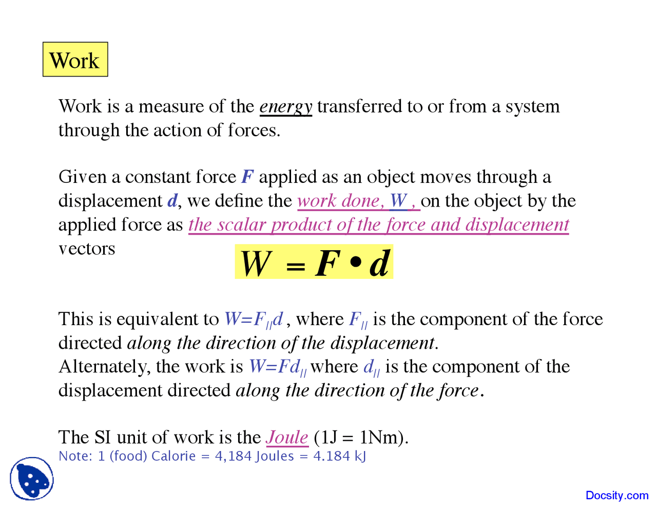 Dynamics of Work - General Physics I - Lecture Slides - Docsity