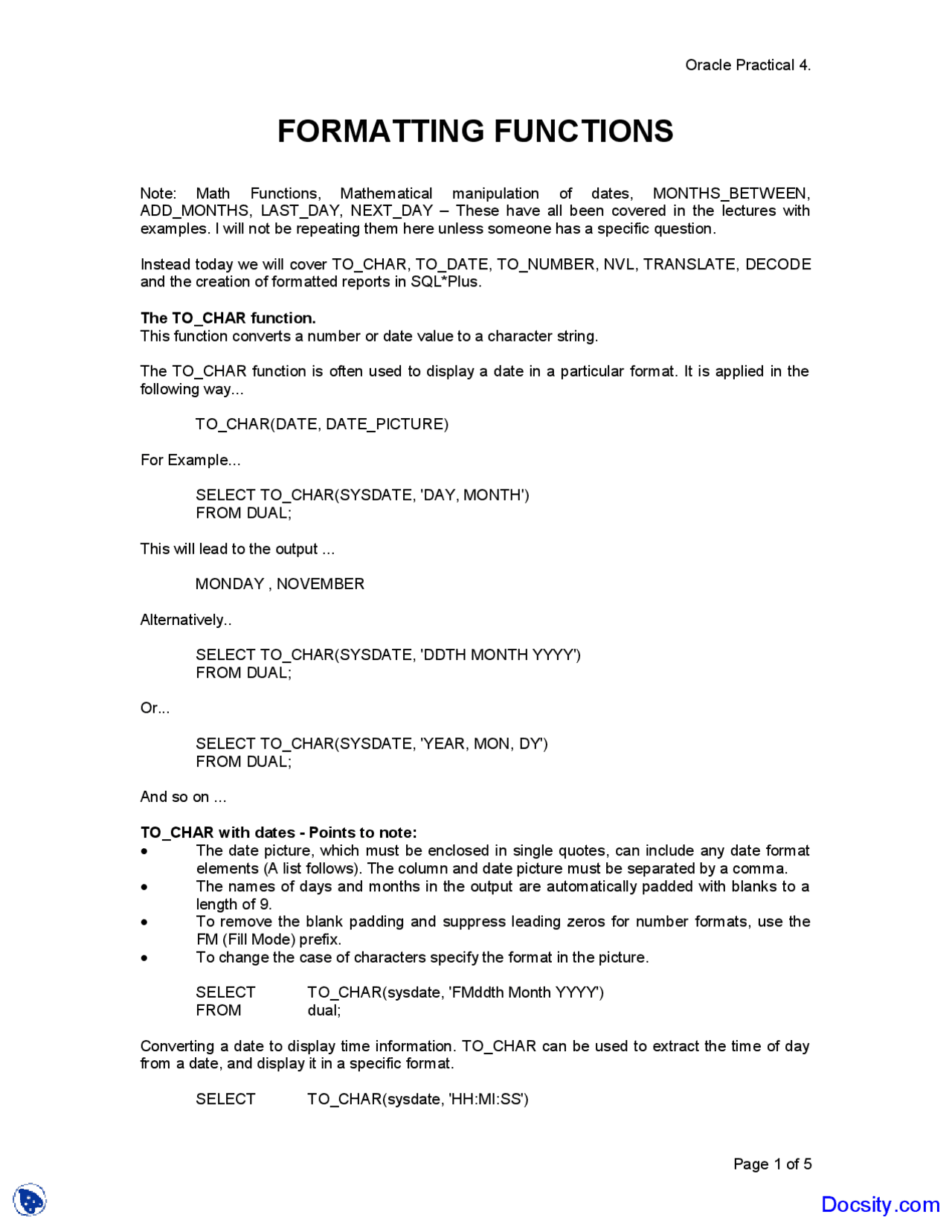Oracle Practical 4: Working with Formatting Functions in SQL | Study ...