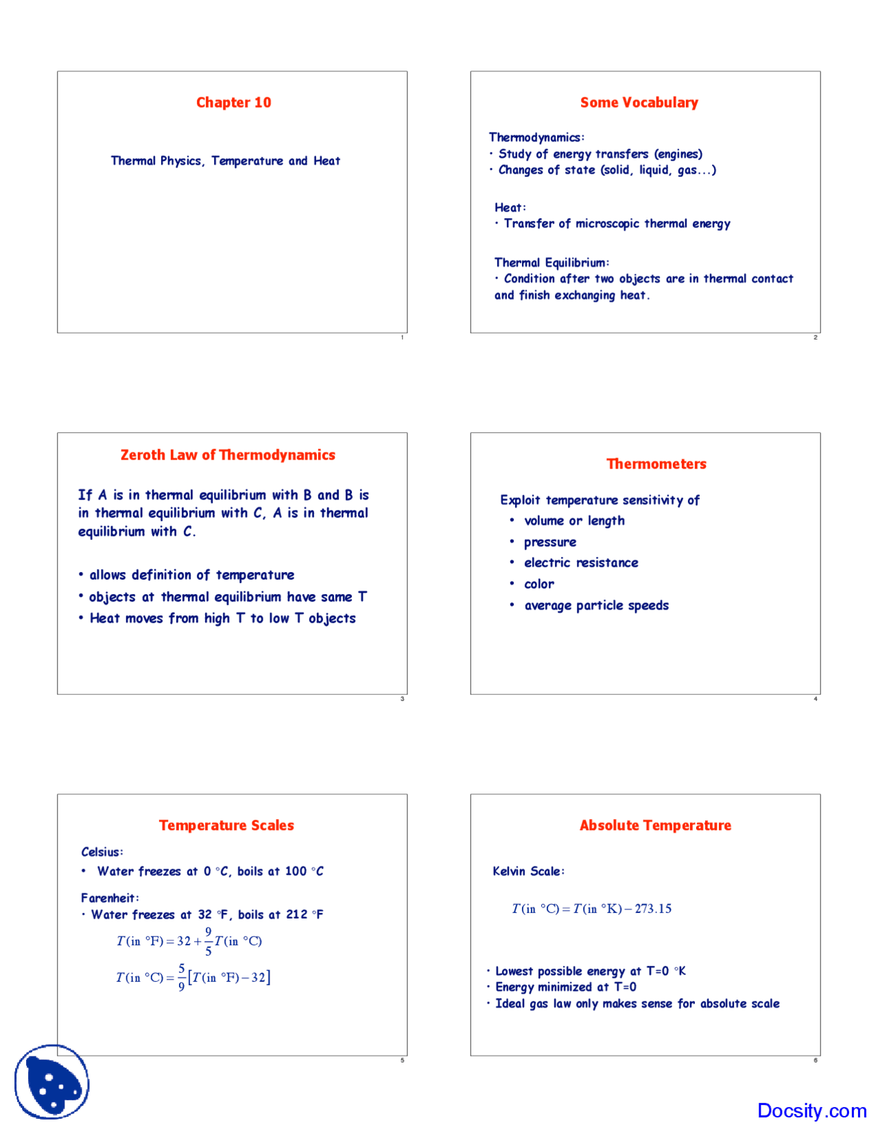 Thermal Physics - General Physics I - Lecture Slides - Docsity