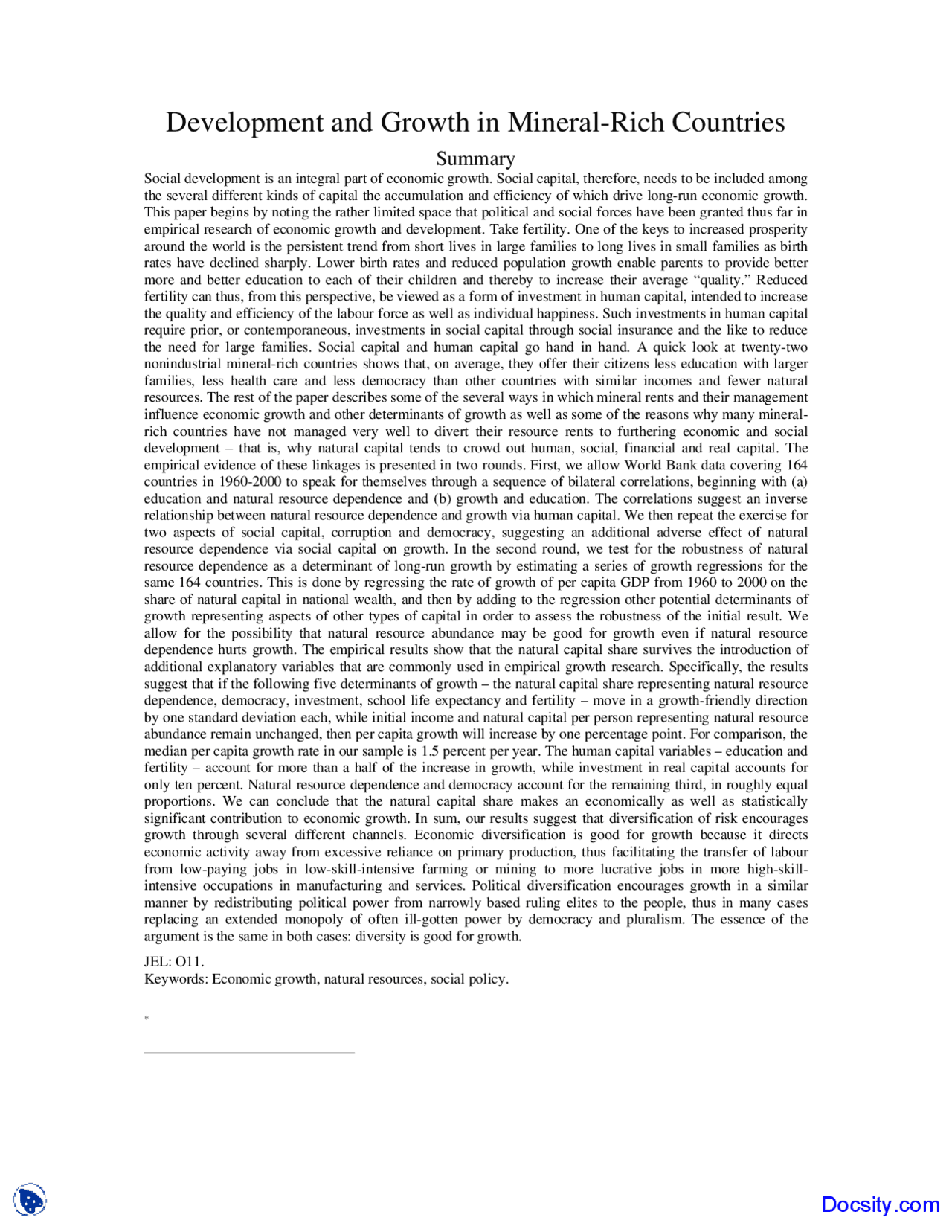 Development And Growth In Mineral Buisness Management Lecture Notes