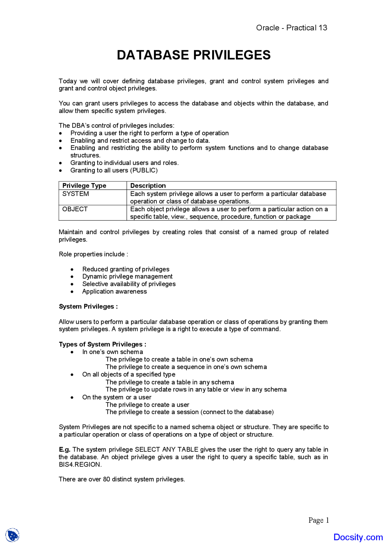 Database Privileges Buisness Management Lecture Notes Docsity