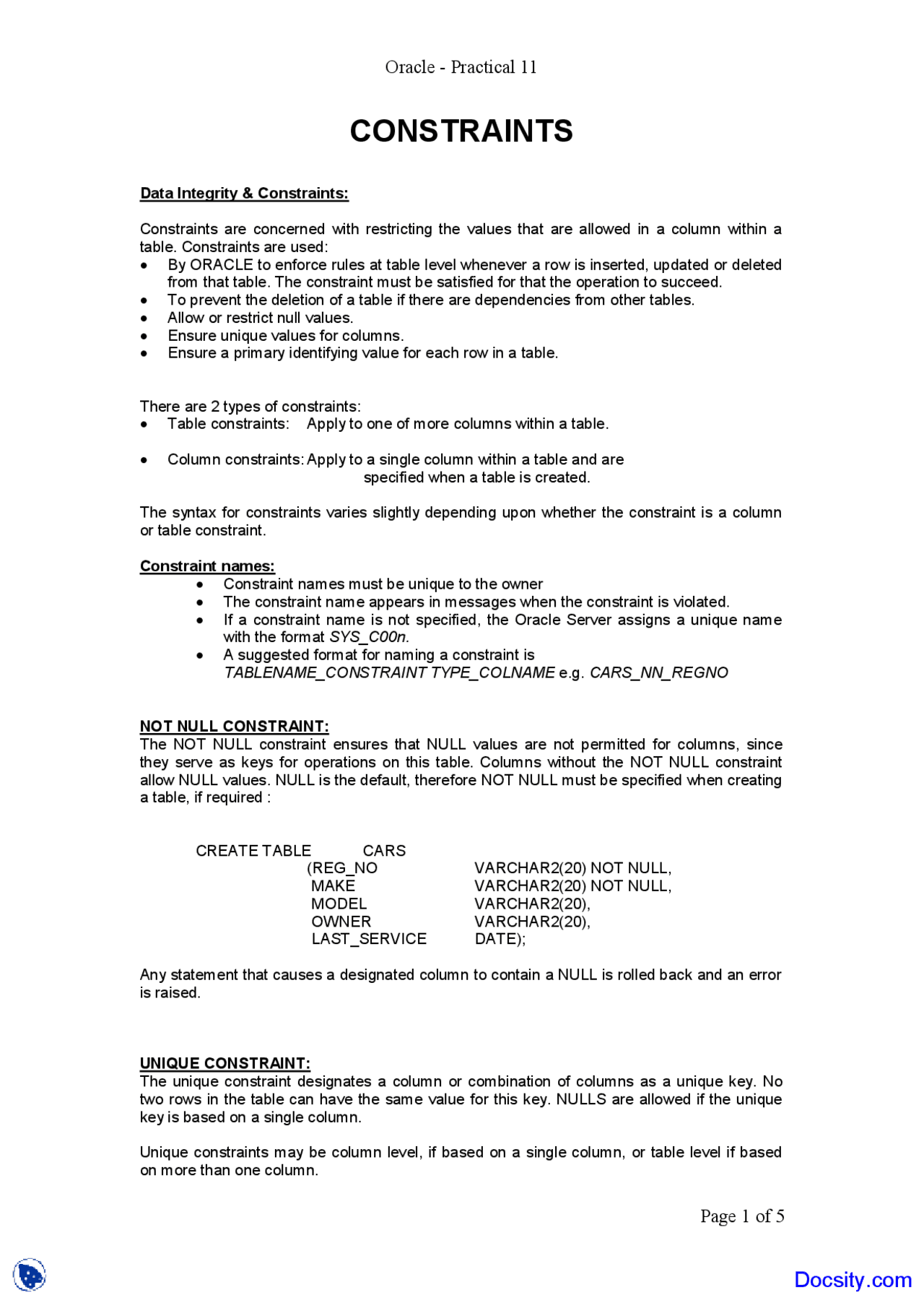 Data Integrity Constraints Buisness Management Lecture Notes Docsity