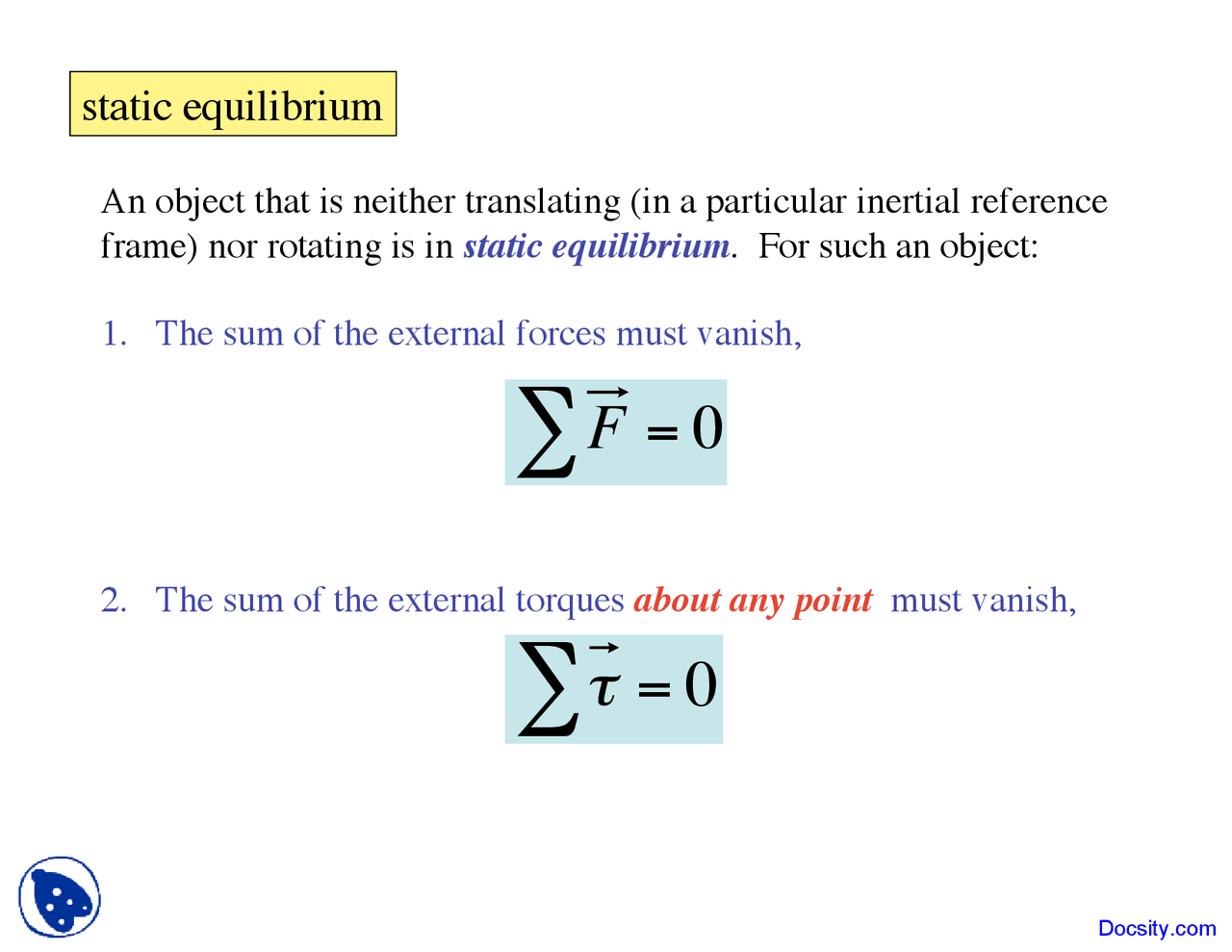 Static Equilibrium General Physics I Lecture Slides Docsity
