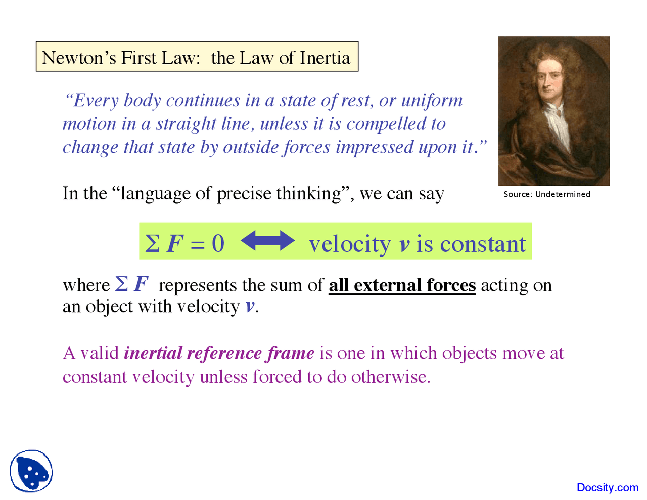 Law of Inertia - General Physics I - Lecture Slides - Docsity
