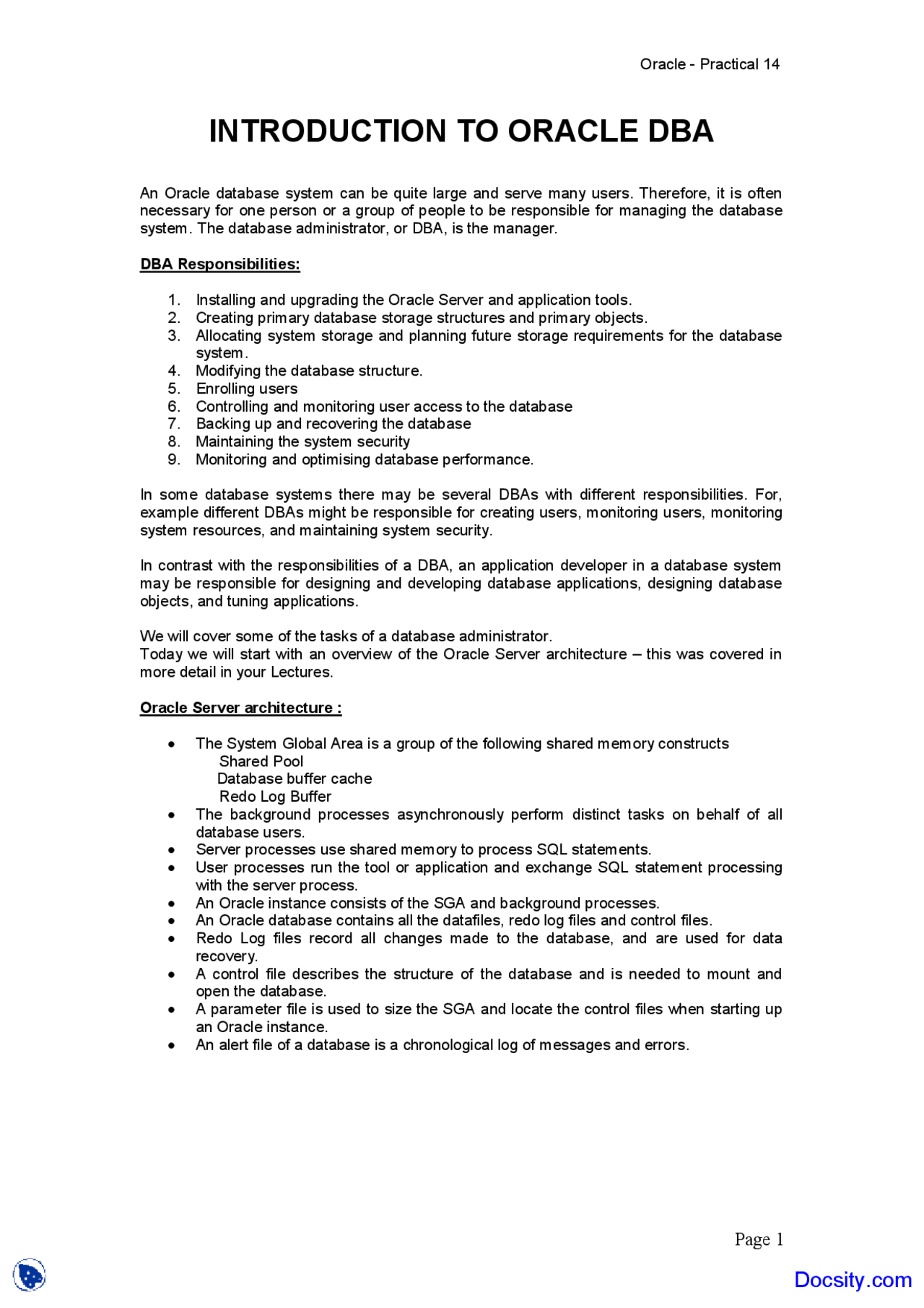 Introduction To Oracle Dba Buisness Management Lecture Notes Docsity