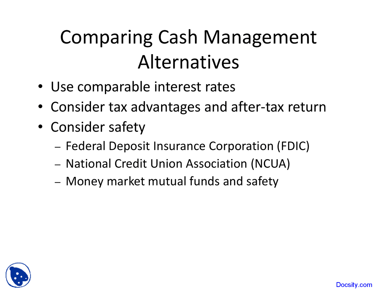 Comparing Cash Asset Managment Lecture Slides Docsity