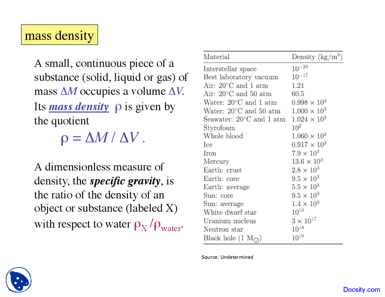 Mass Density General Physics I Lecture Slides Docsity