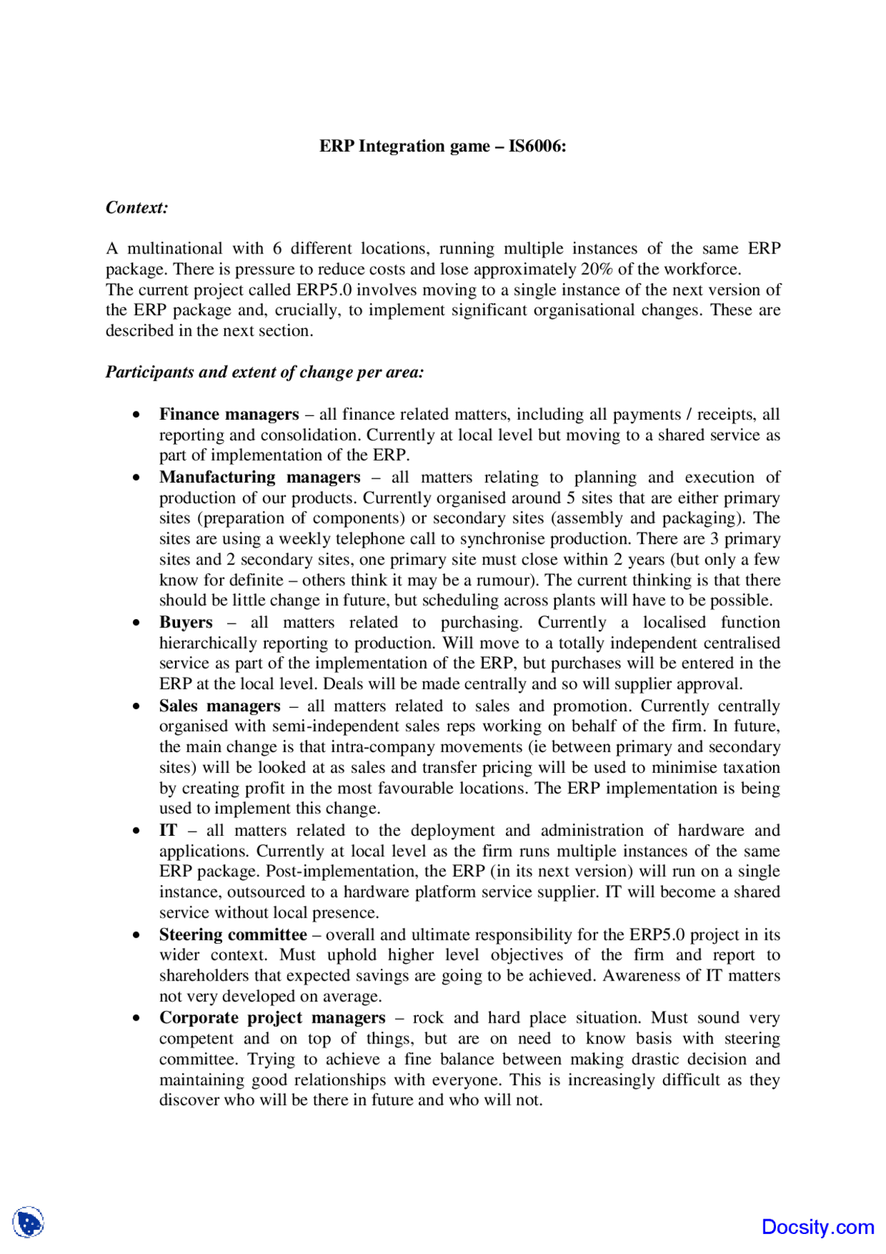 Erp Integration Game Buisness Management Lecture Notes Docsity