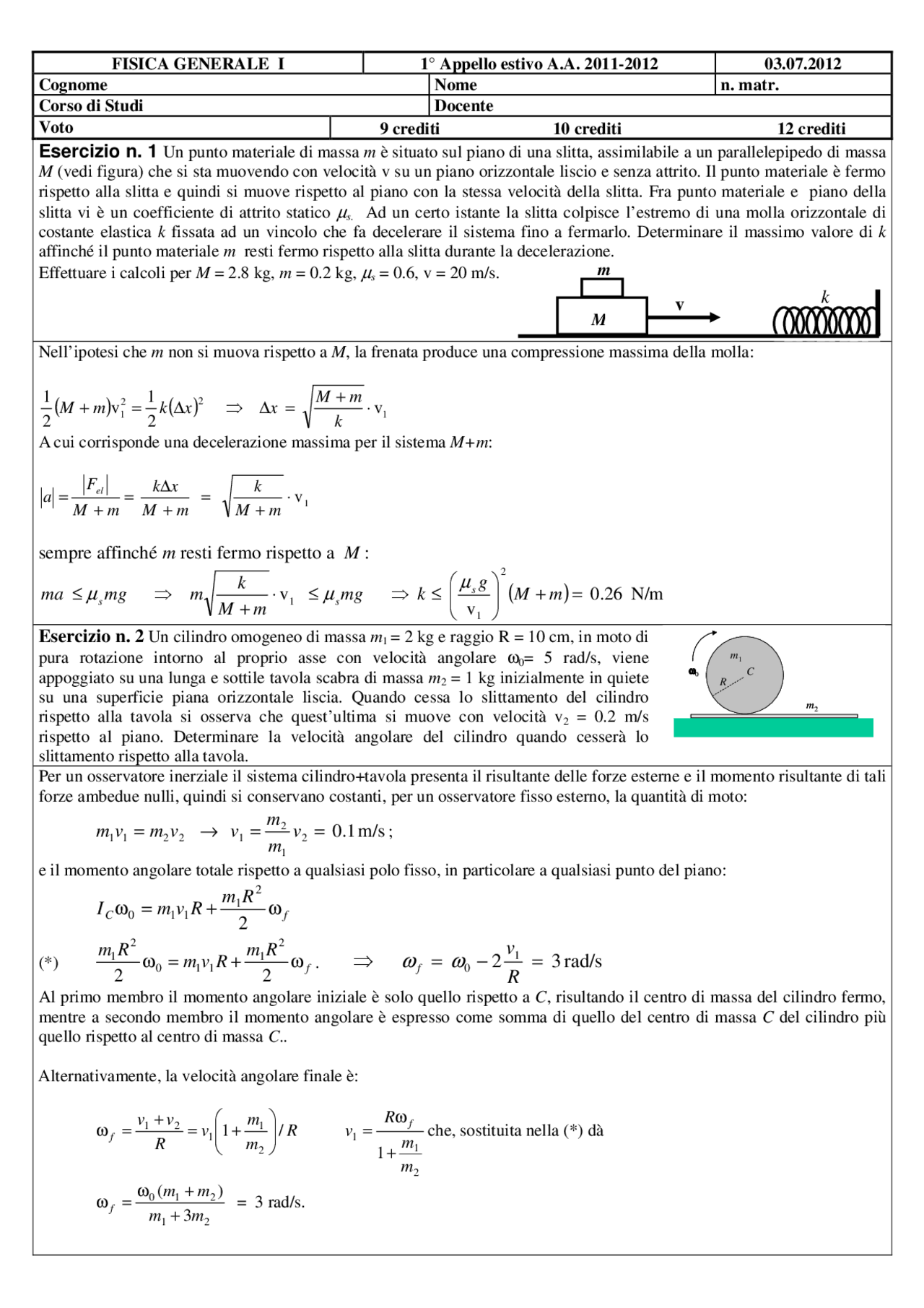 Esame Con Soluzione Di Fisica 3 Luglio 2012 Ingegneria Tor