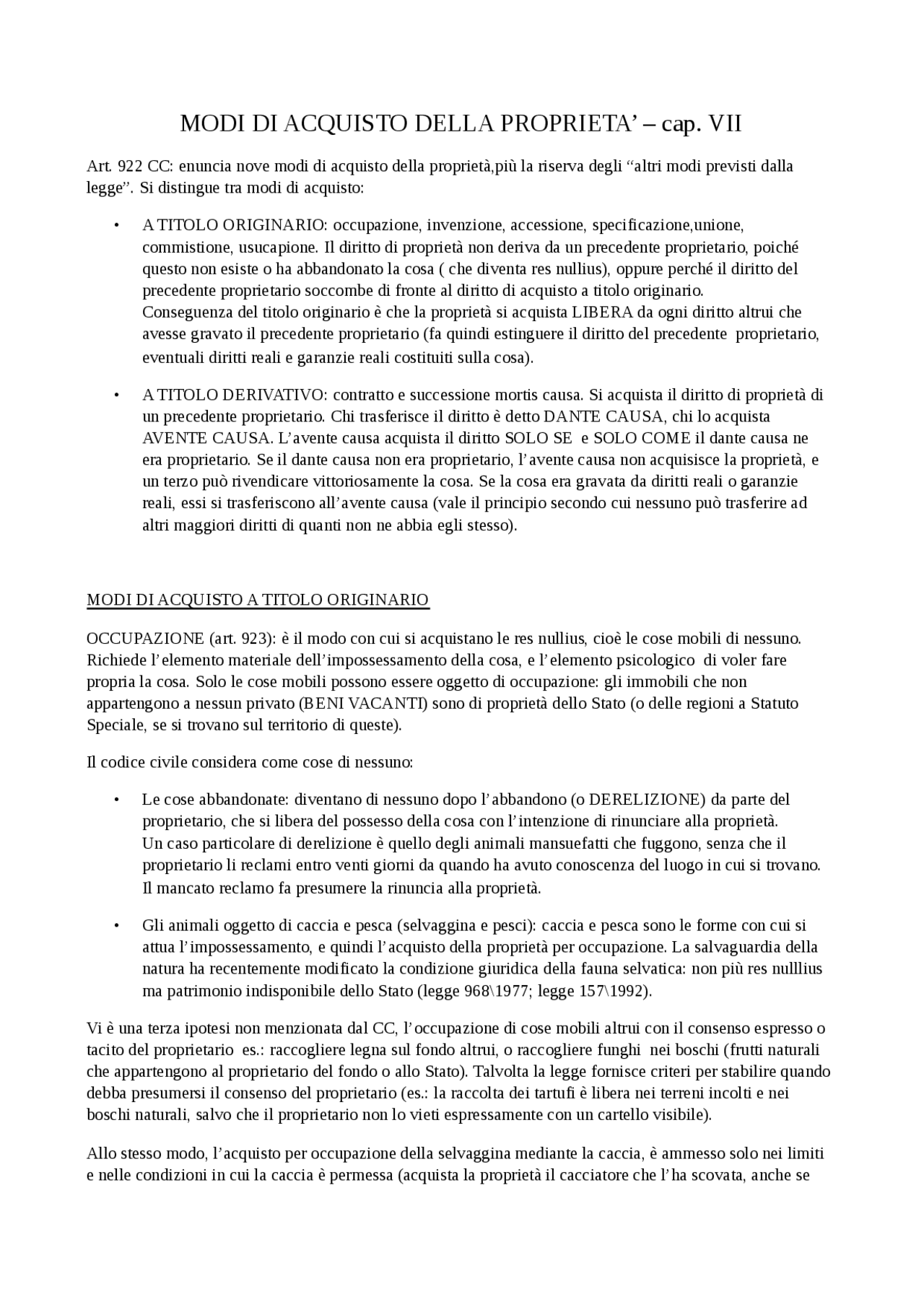 Modi Di Acquisto Della Proprietà Appunti Diritto Privato Docsity