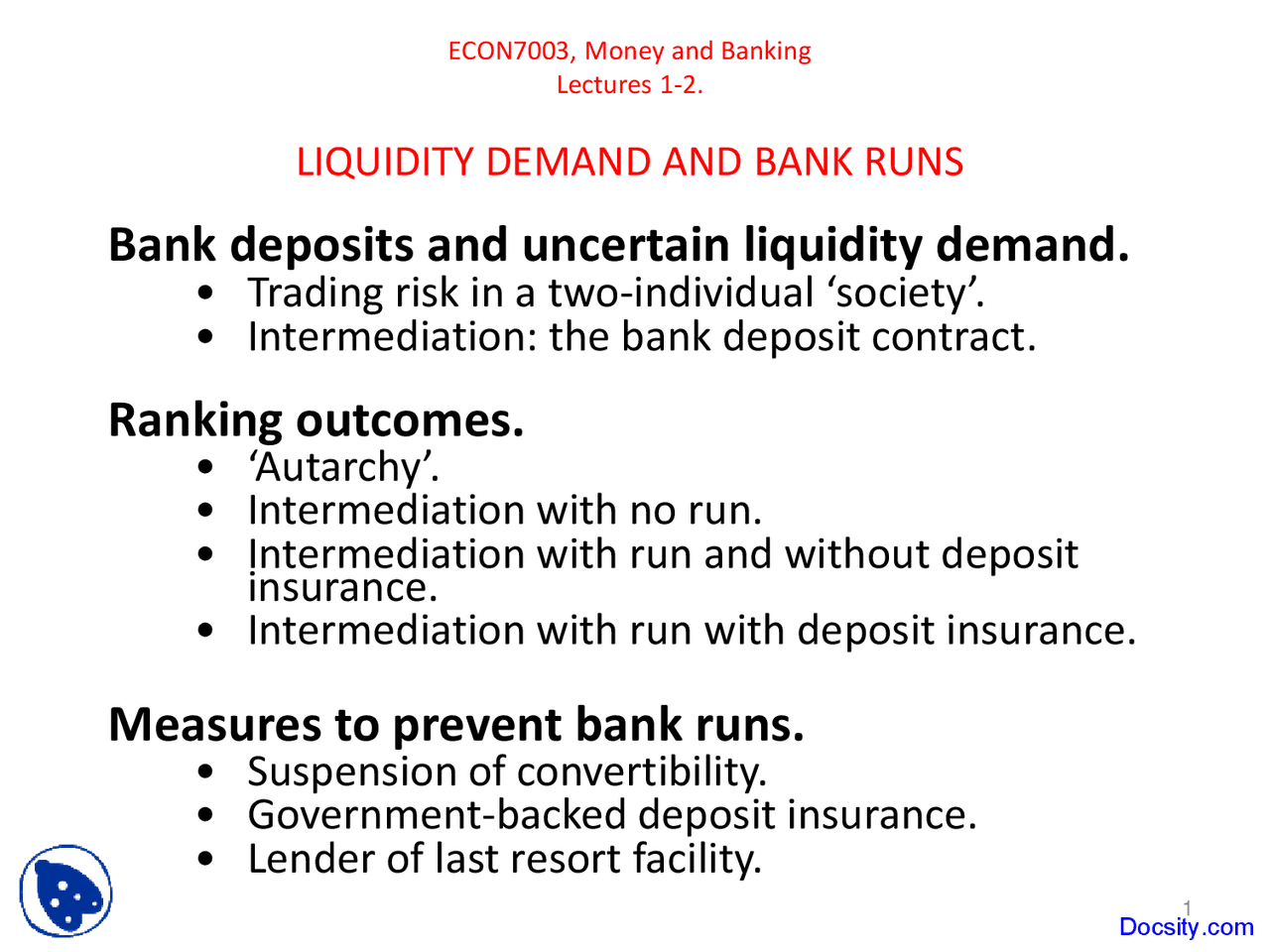 Liquidity Demand And Bank Runs Banking Lecture Slides Docsity