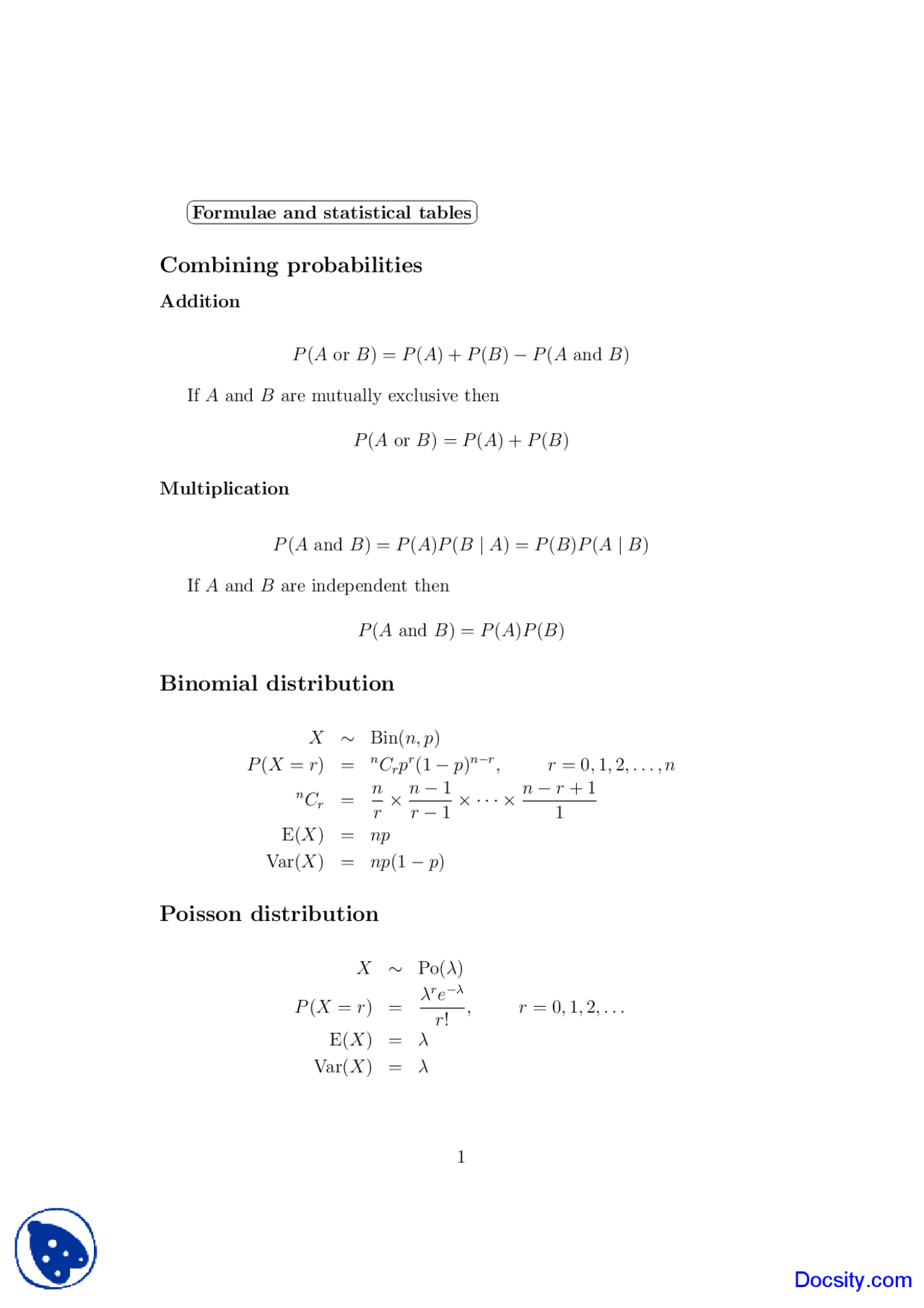 Combining Probabilities - Buisness Management - Lecture Slides - Docsity