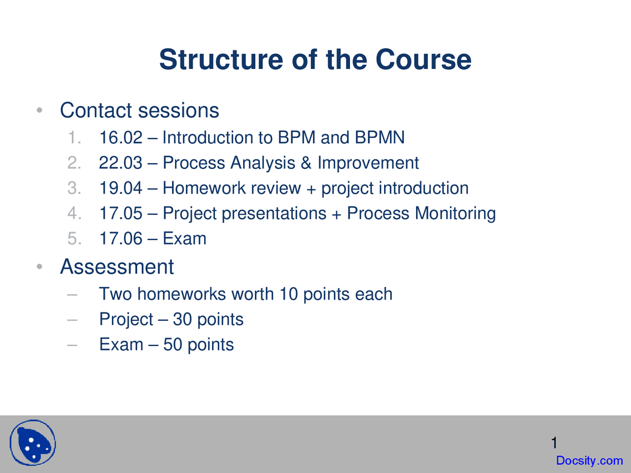 Structure Of The Course Buisness Management Lecture Slides Docsity