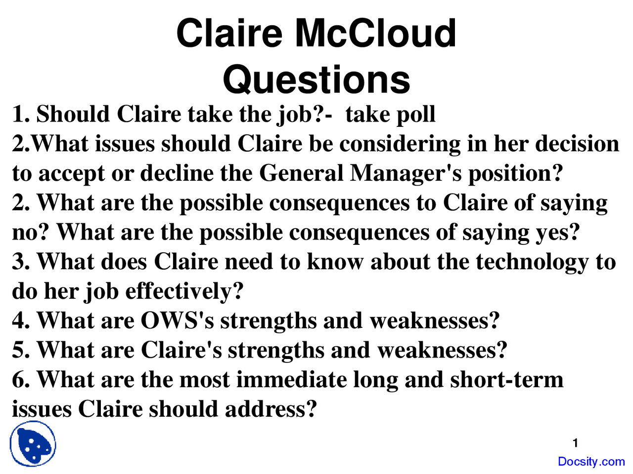 Claire Mccloud Questions Buisness Management Lecture Slides Docsity