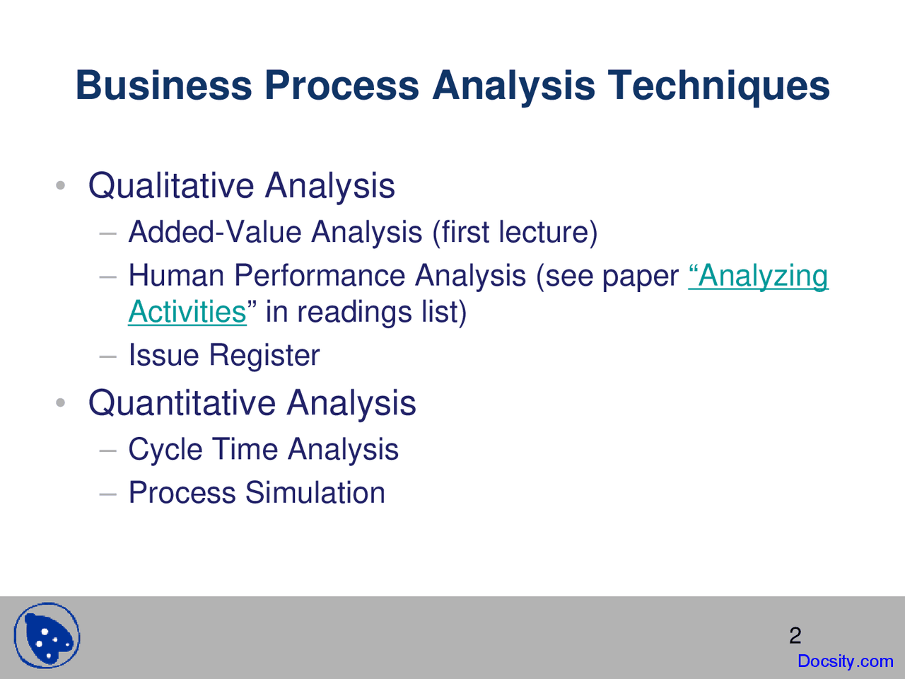Analysis Activities Buisness Management Lecture Slides Docsity