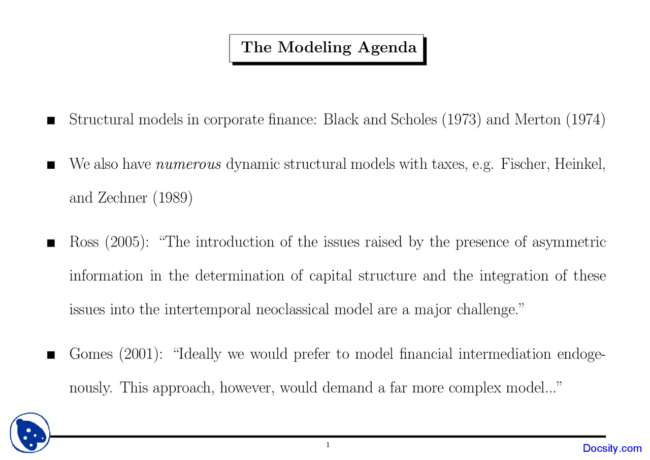 The Modeling Agenda Banking Lecture Slides Docsity