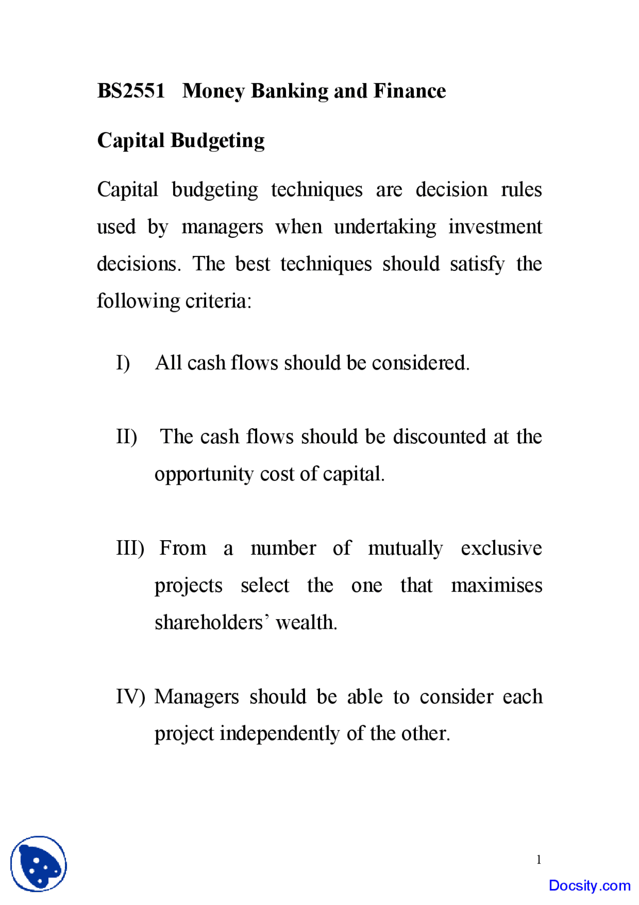 Capital Budgeting Banking Lecture Slides Docsity