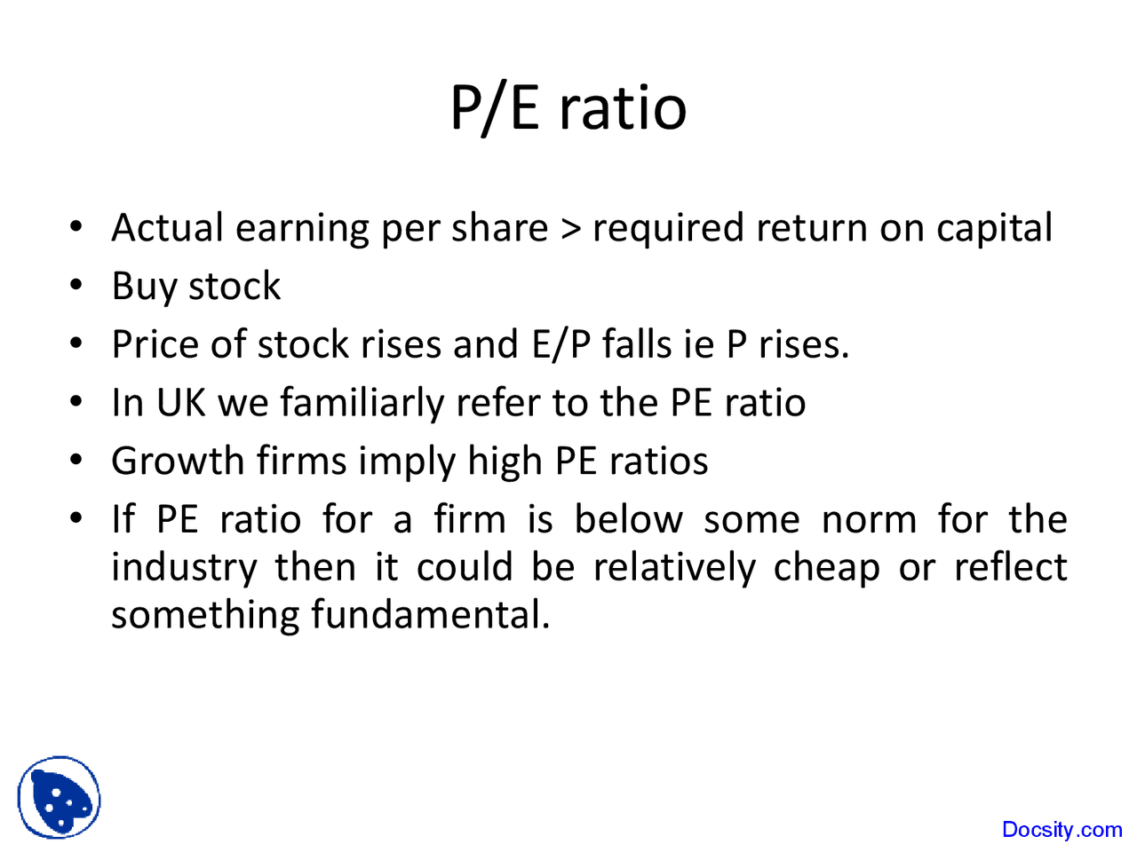 P E Ratio - Banking - Lecture Slides - Docsity