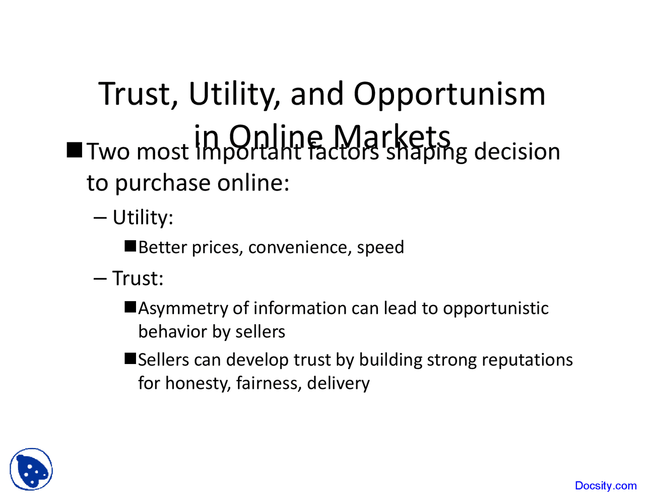 Opportunism - E-Commerce - Lecture Slides - Docsity
