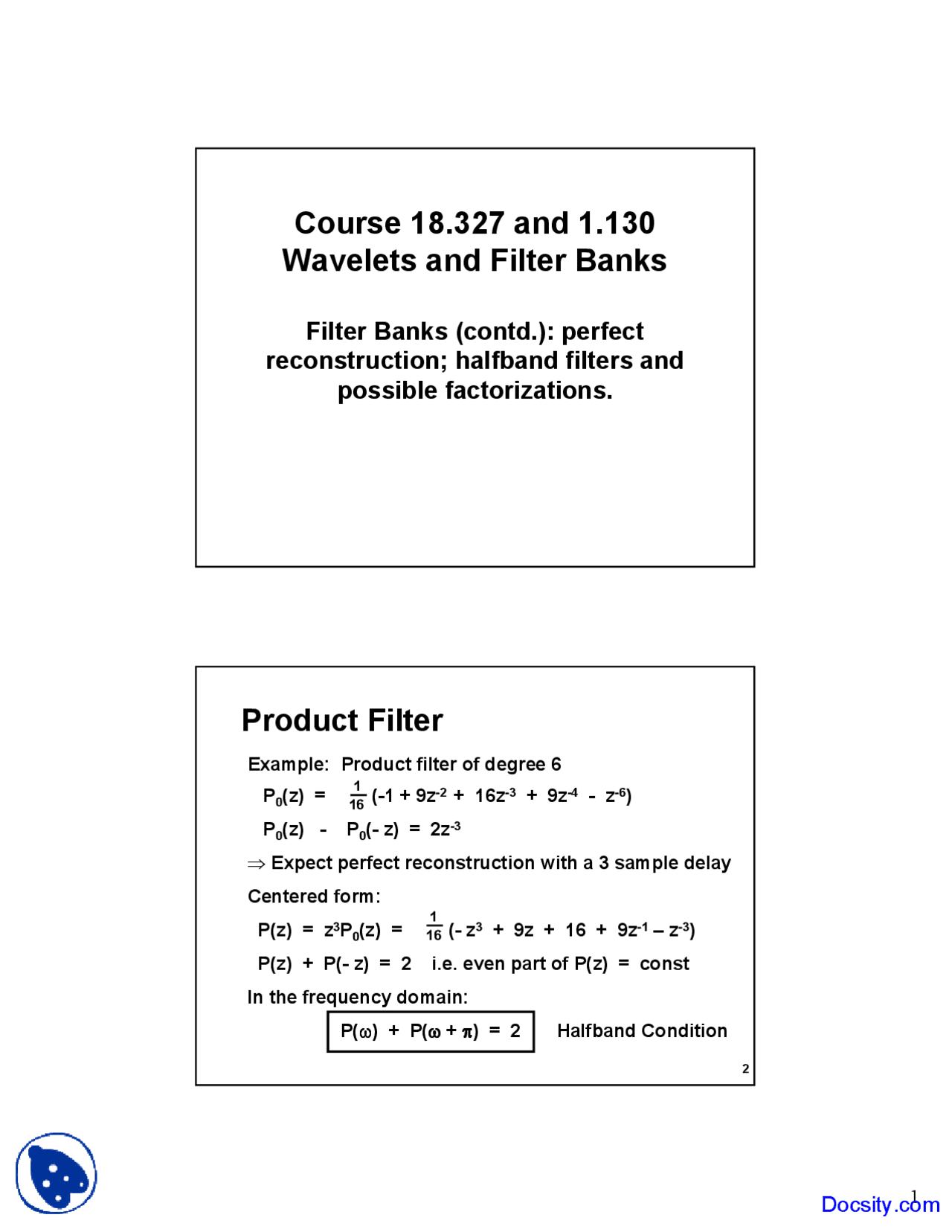 Perfect Reconstruction Banking Lecture Slides Docsity